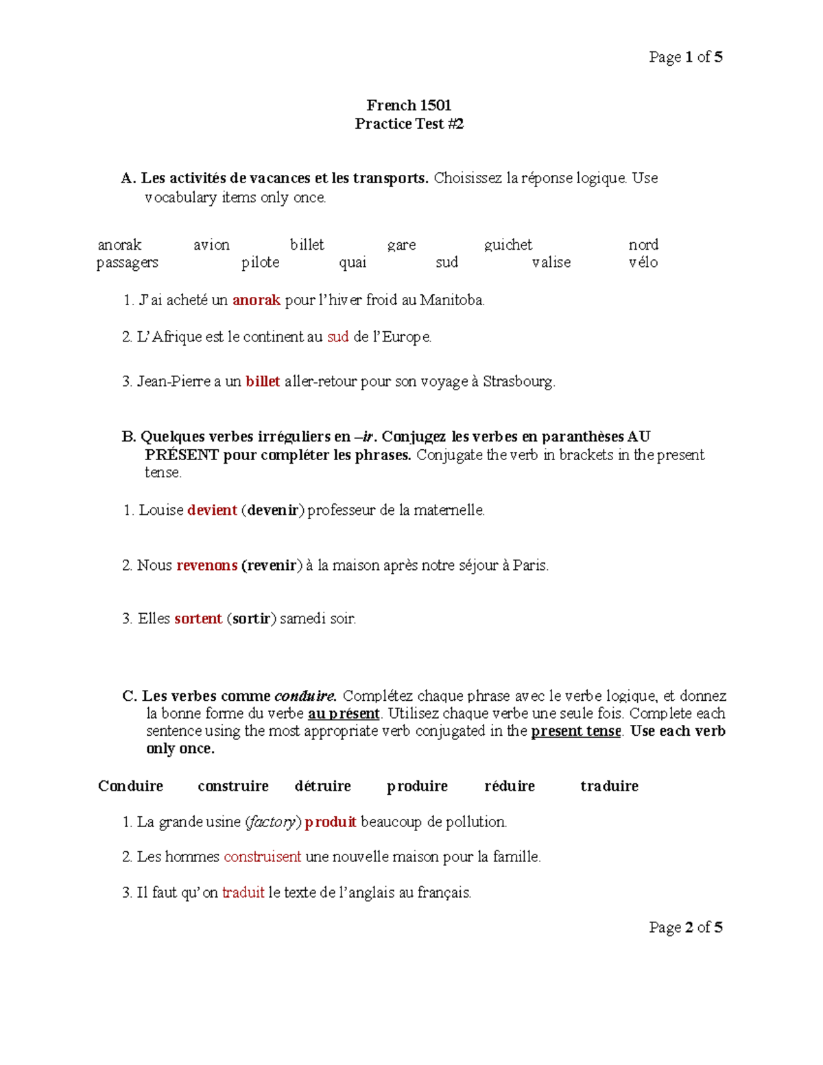 French midterm practice 2 - Page 1 of 5 French 1501 Practice Test # A ...