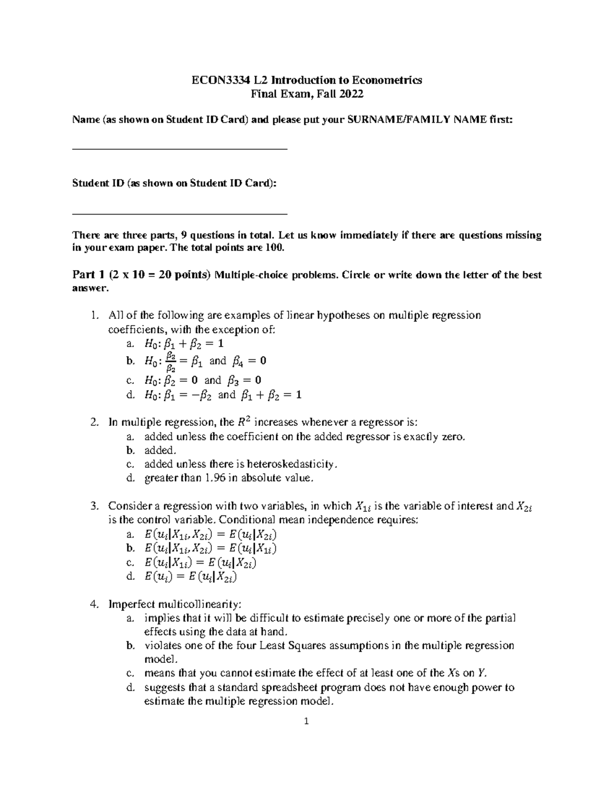 ECON3334 Final Fall2022Edited - ECON3334 L2 Introduction to Econometrics Final Exam, Fall 202 2 ...