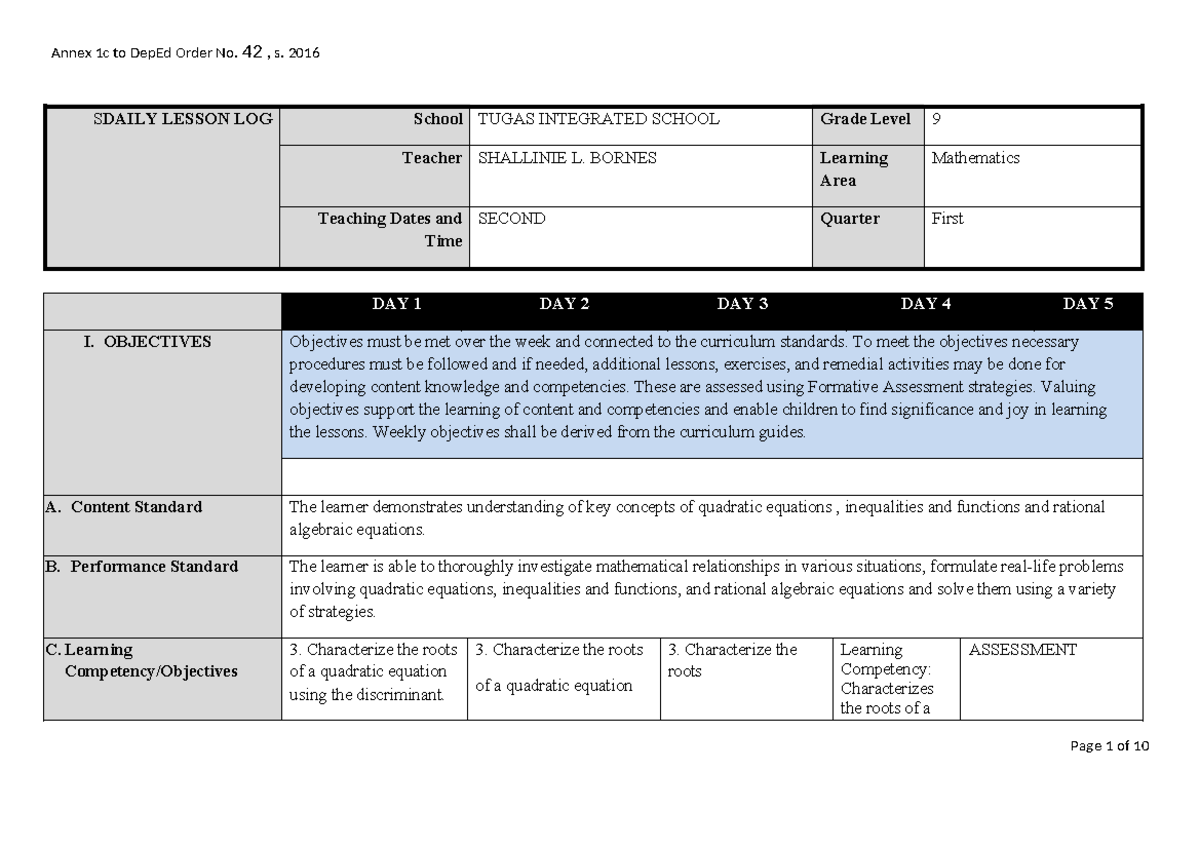 G9 Q1Week-2 - LECTURE - SDAILY LESSON LOG School TUGAS INTEGRATED ...