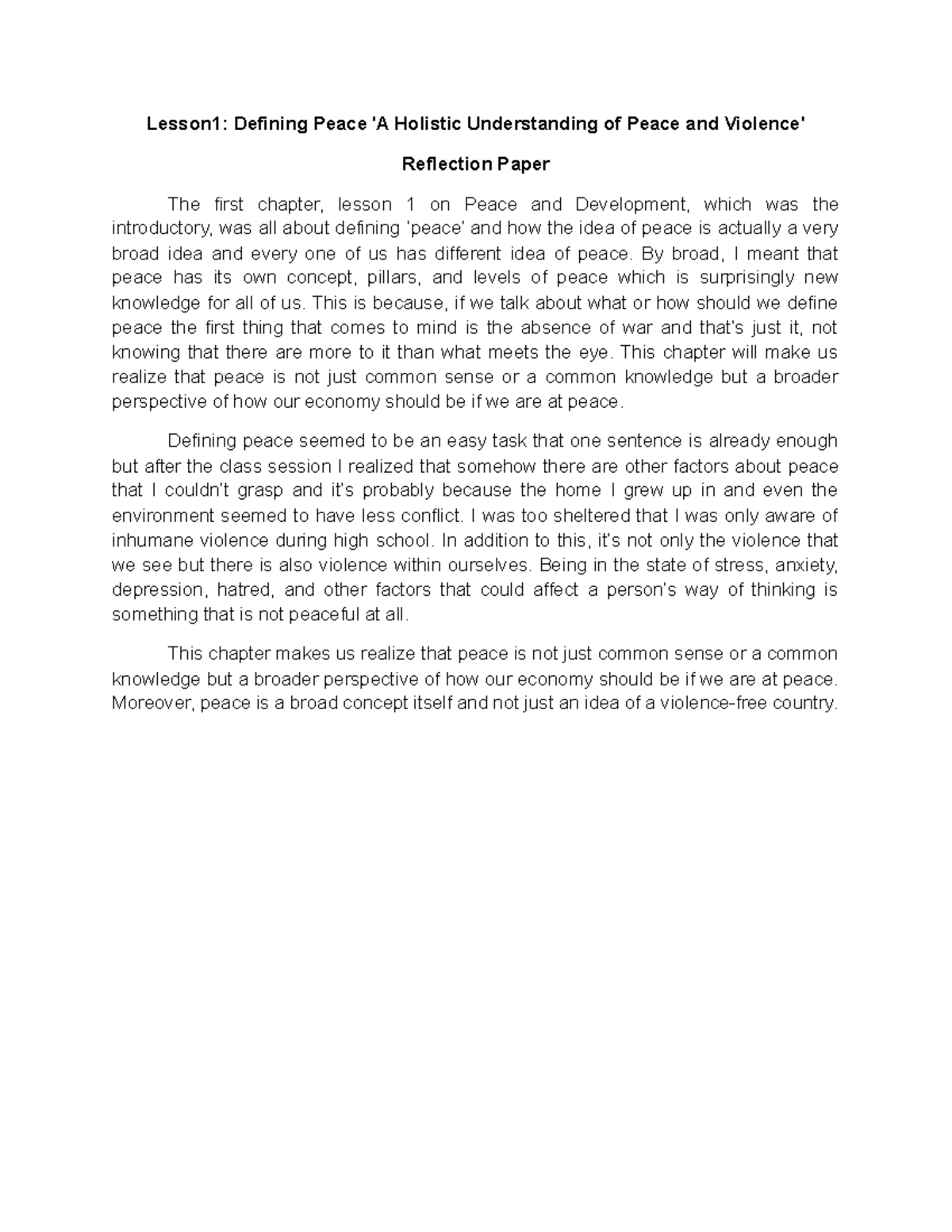 Lesson 1 - Lesson1: Defining Peace 'A Holistic Understanding of Peace ...