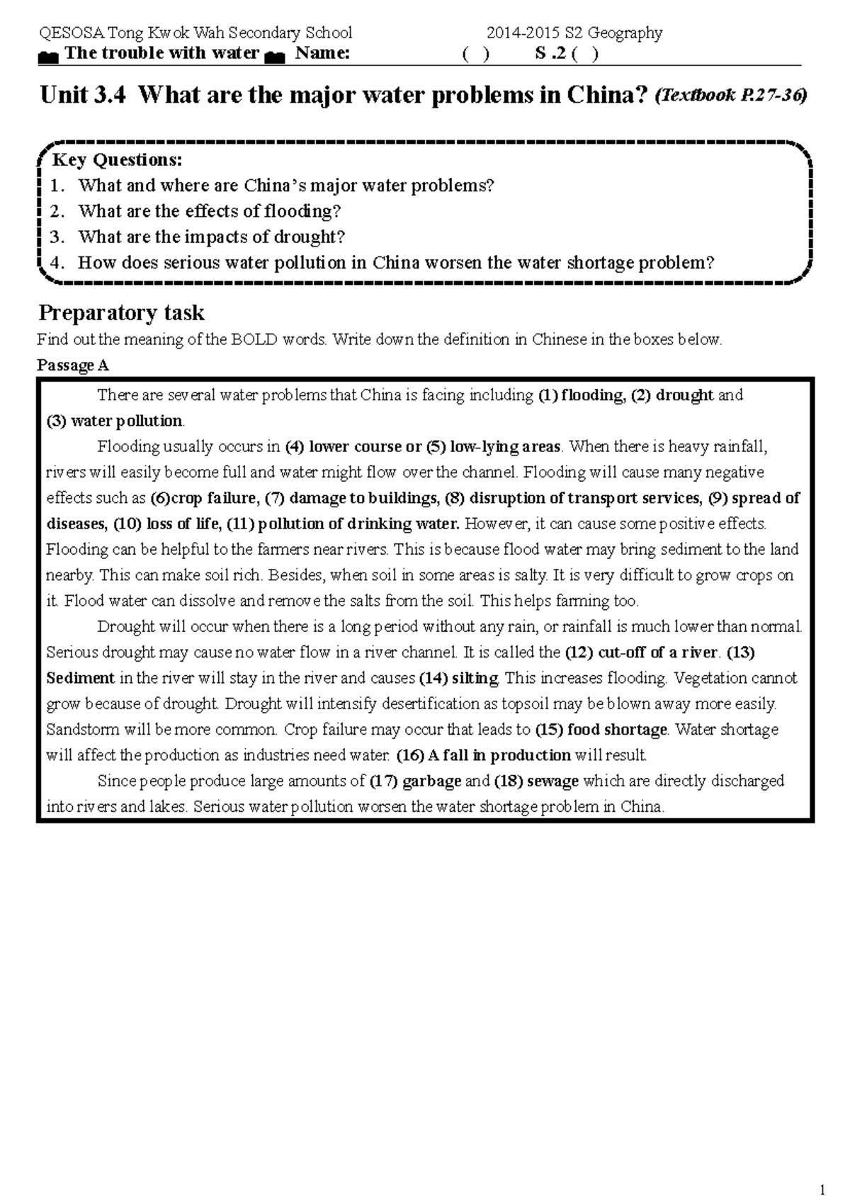 1415 S2 The trouble with water Unit 3 - The trouble with water Name ...