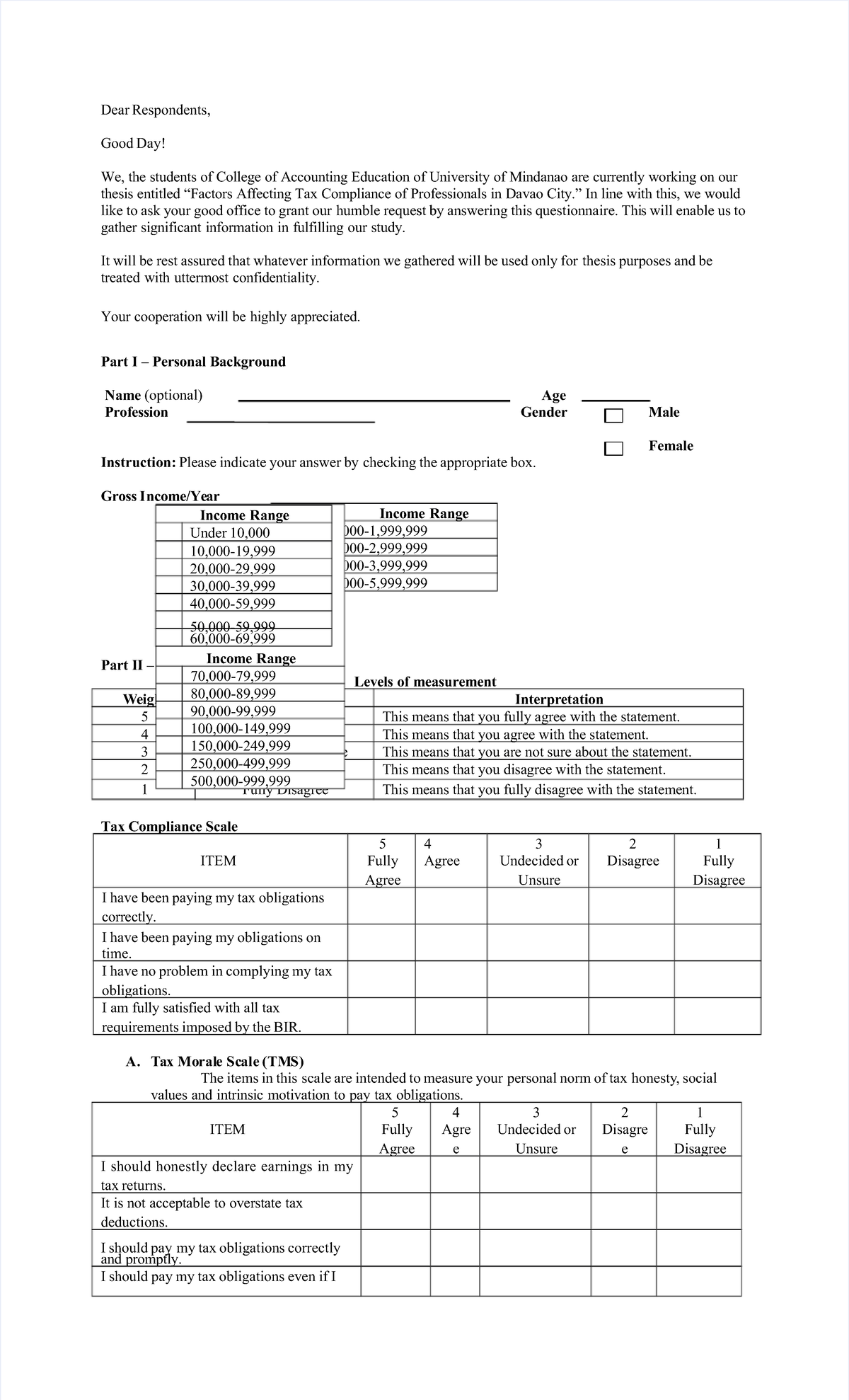 Tax compliance survey questionnaire for research - Dear Respondents ...
