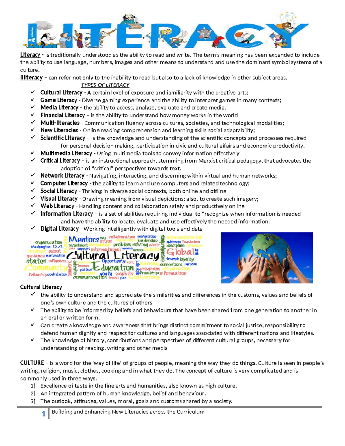 Literacy and cultural literacy - Literacy - is traditionally understood ...