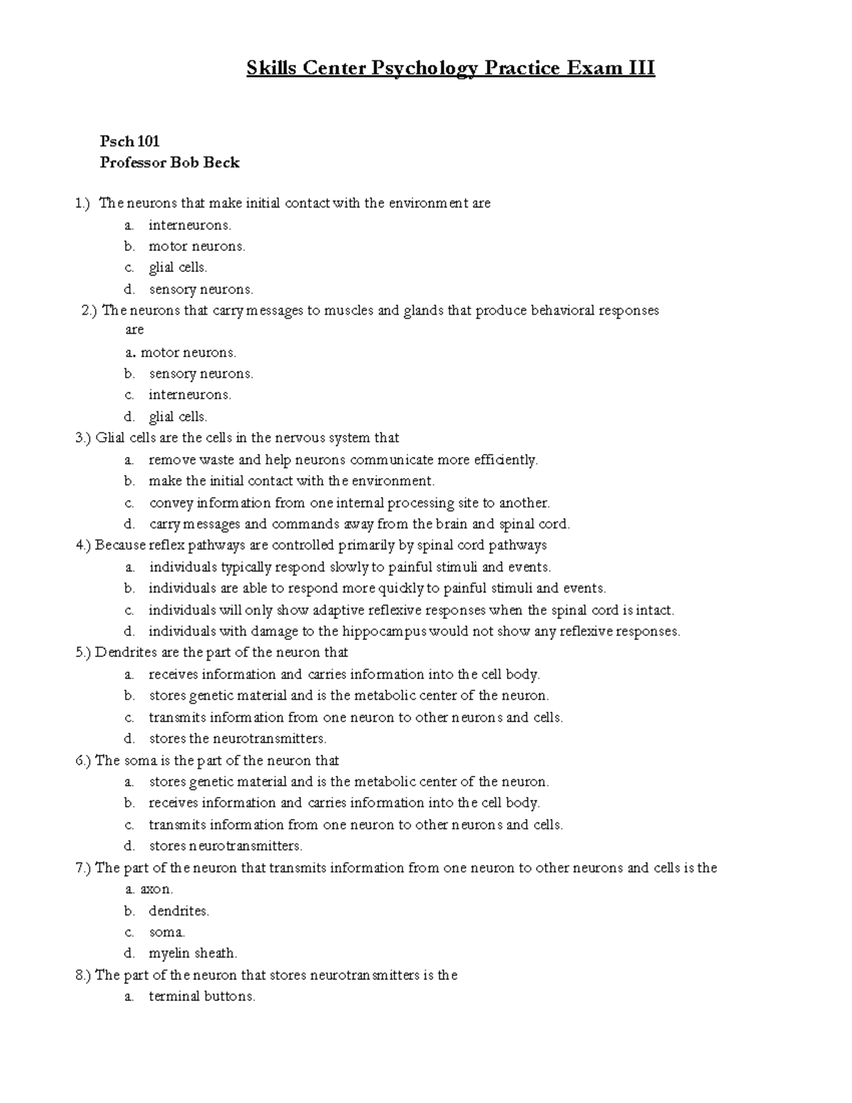 Psychology Practice Exam 3 - Psch 101 Professor Bob Beck 1.) The ...