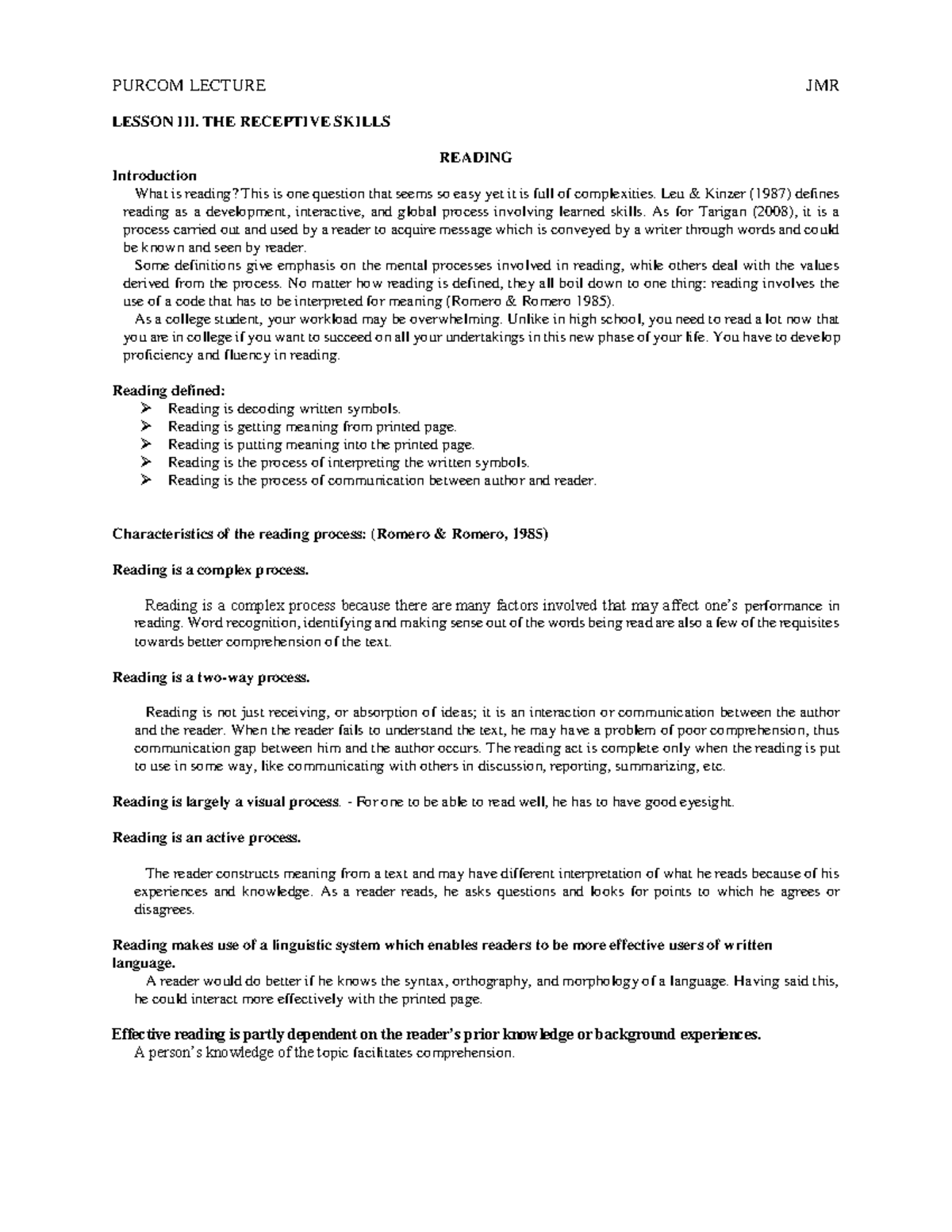 Purcom lecture reading listening skill - LESSON III. THE RECEPTIVE ...