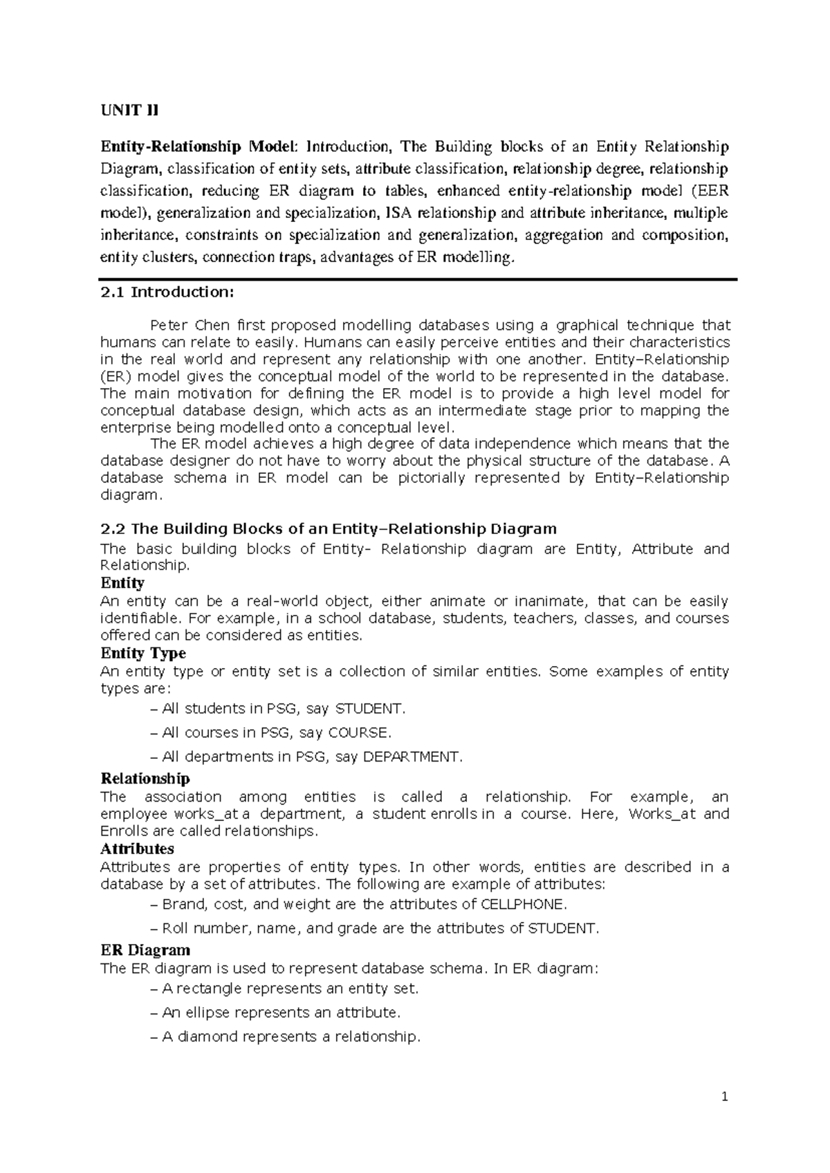 DBMS unit-2 - Ggag - UNIT II Entity-Relationship Model: Introduction ...