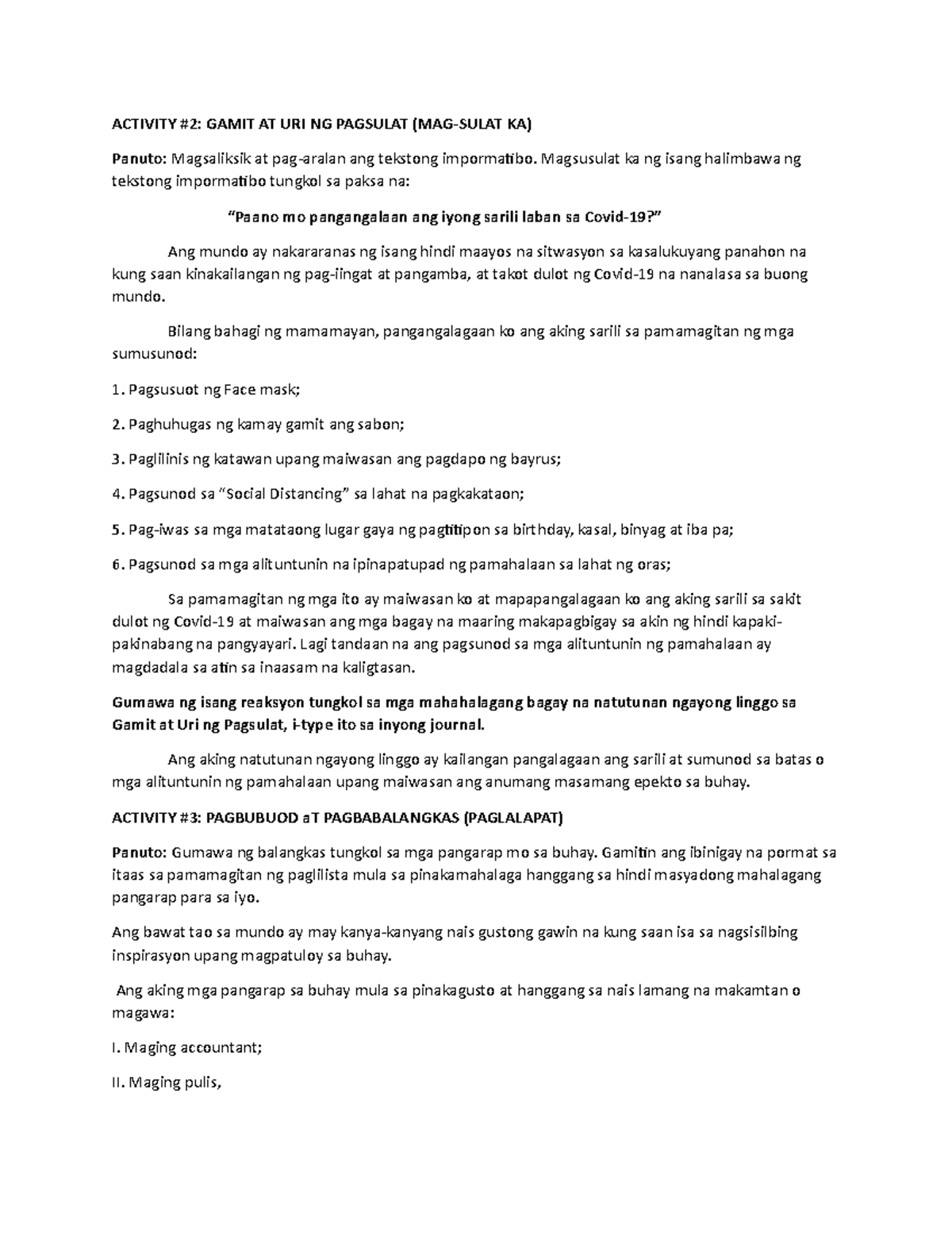 Activity- Filipino - N/A - ACTIVITY #2: GAMIT AT URI NG PAGSULAT (MAG ...