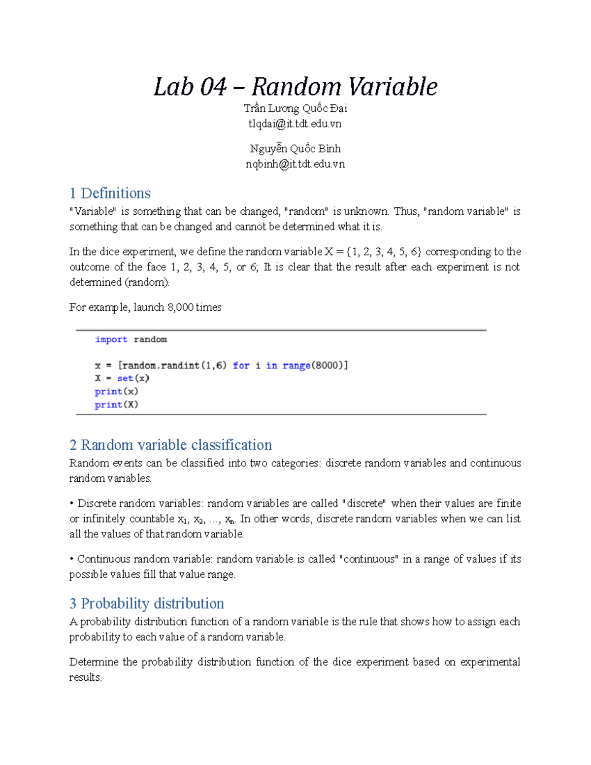 Lab-04-Random Variable - Lab 04 – Random Variable Trần Lương Quốc Đại tlqdai@it.tdt.edu Nguyễn ...