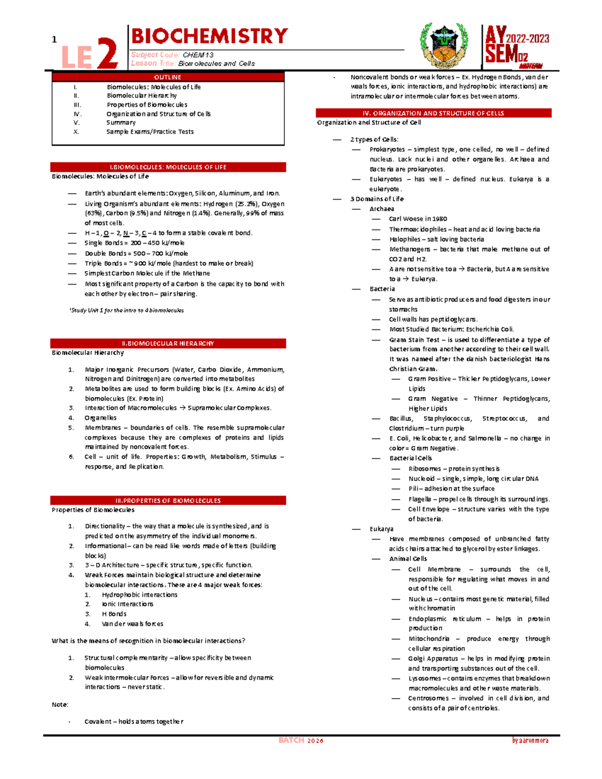 UNIT 2 Biomolecules and Cells - 1 BATCH 2026 by:aaronmora BIOCHEMISTRY ...