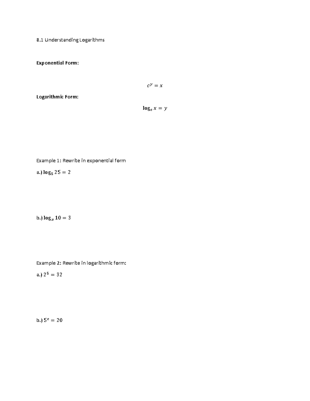 8 - no clue - 8 Understanding Logarithms Exponential Form ...