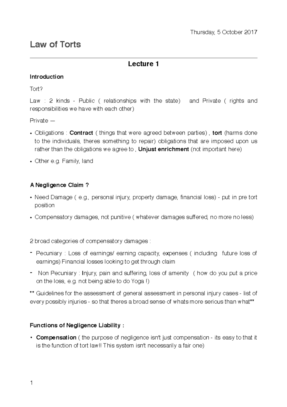 TORT - Lecture notes all - Thursday, 5 October 2017 Law of Torts ...