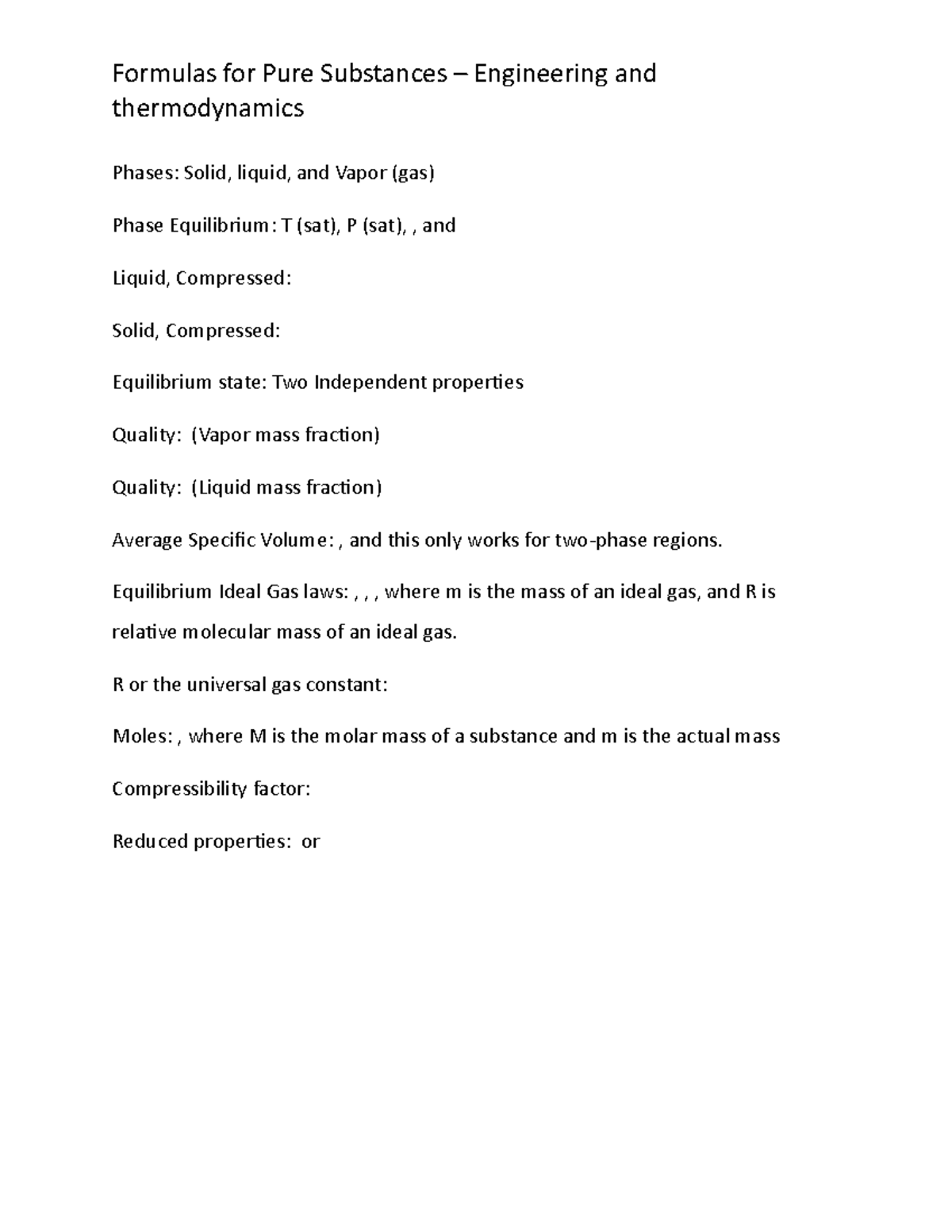 Formula Sheet - Formulas for Pure Substances – Engineering and ...