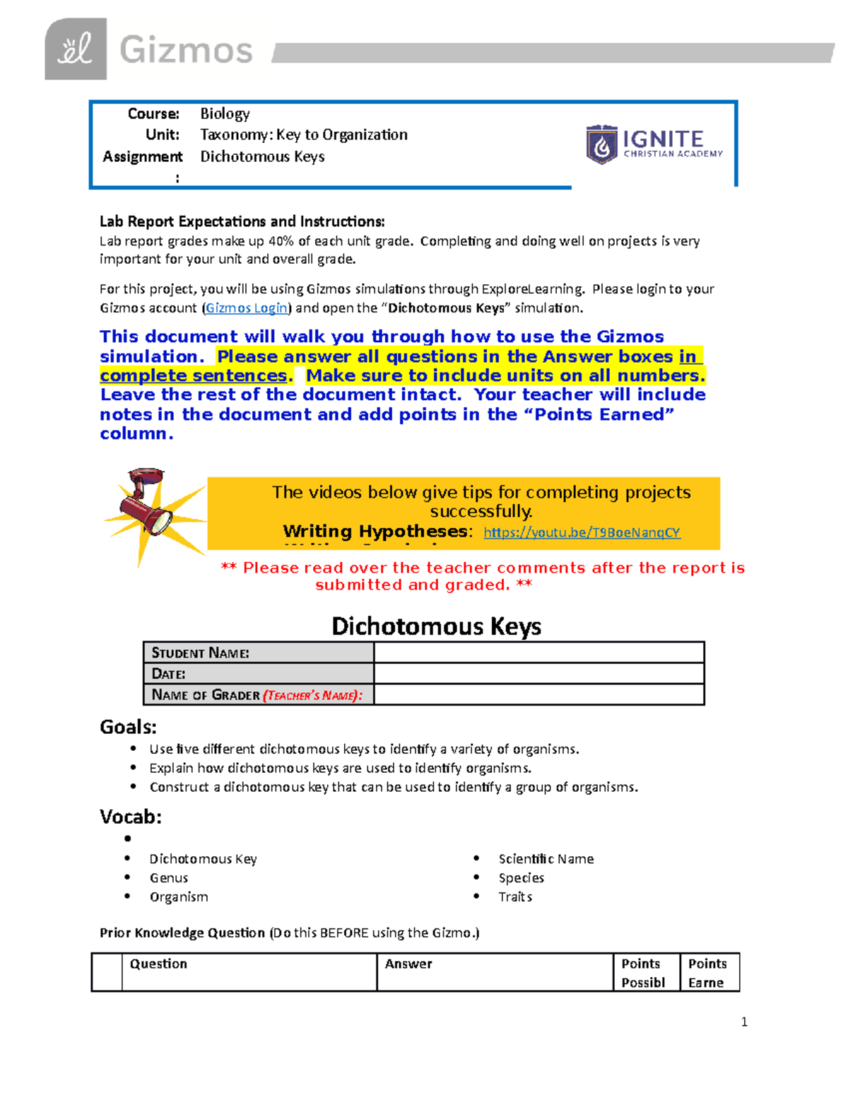 Dichotomous Key 2022-23 - Course: Biology Unit: Taxonomy: Key to ...