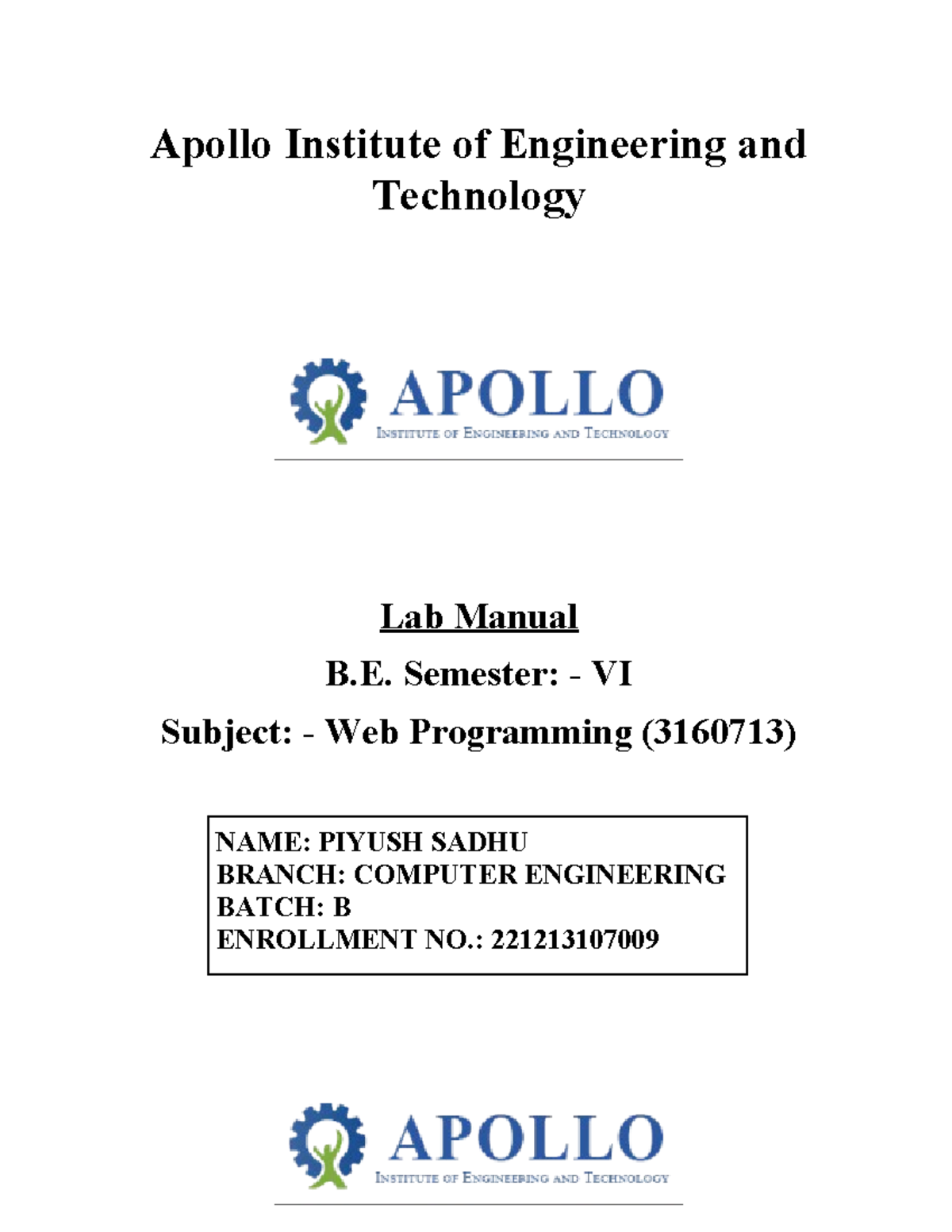 WP LAB Manual - Apollo Institute of Engineering and Technology Lab Manual B. Semester: - VI ...