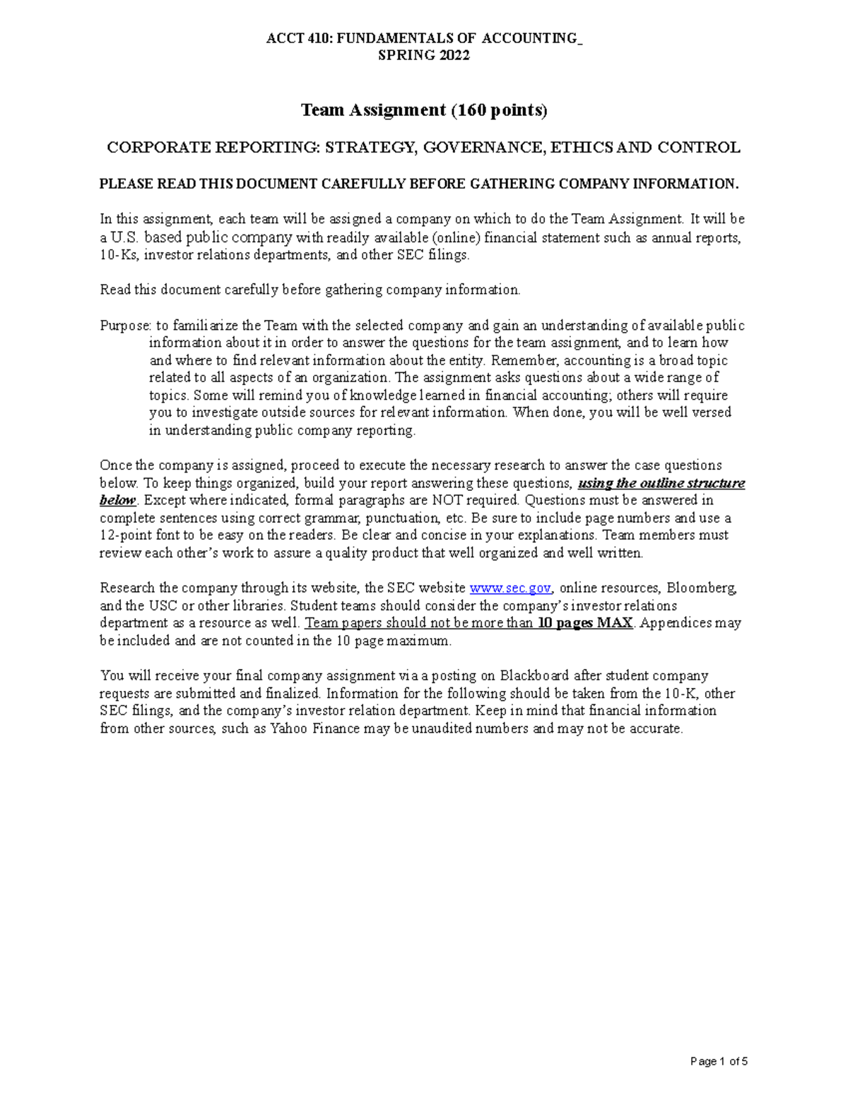 ACCT 410 SEC TEAM Paper Instructions Spring 2022 Final - SPRING 2022 ...