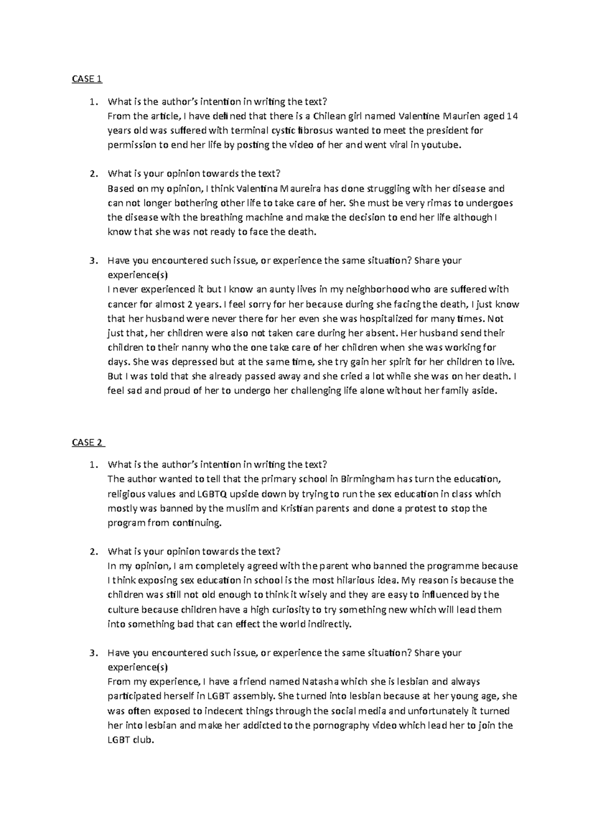 critical reading - CASE 1 What is the author’s intention in writing the ...