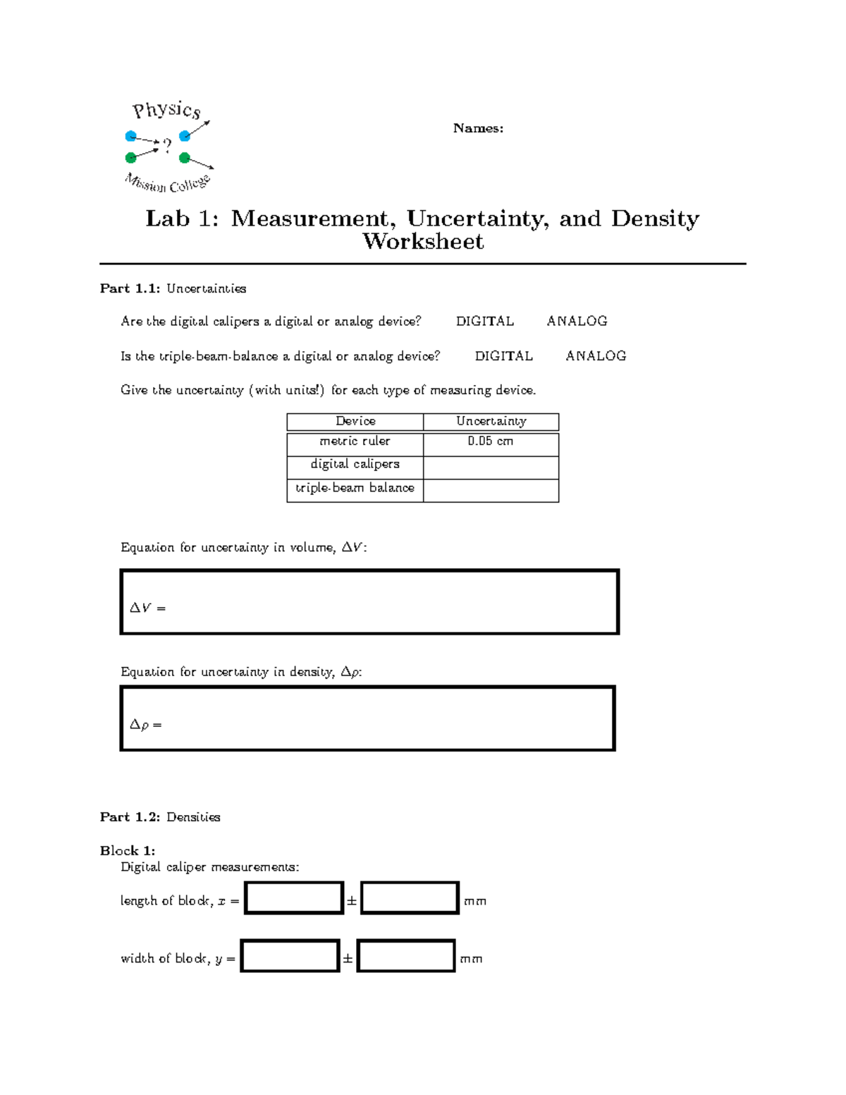Lab 1 for physics - Names: Lab 1: Measurement, Uncertainty, and Density ...