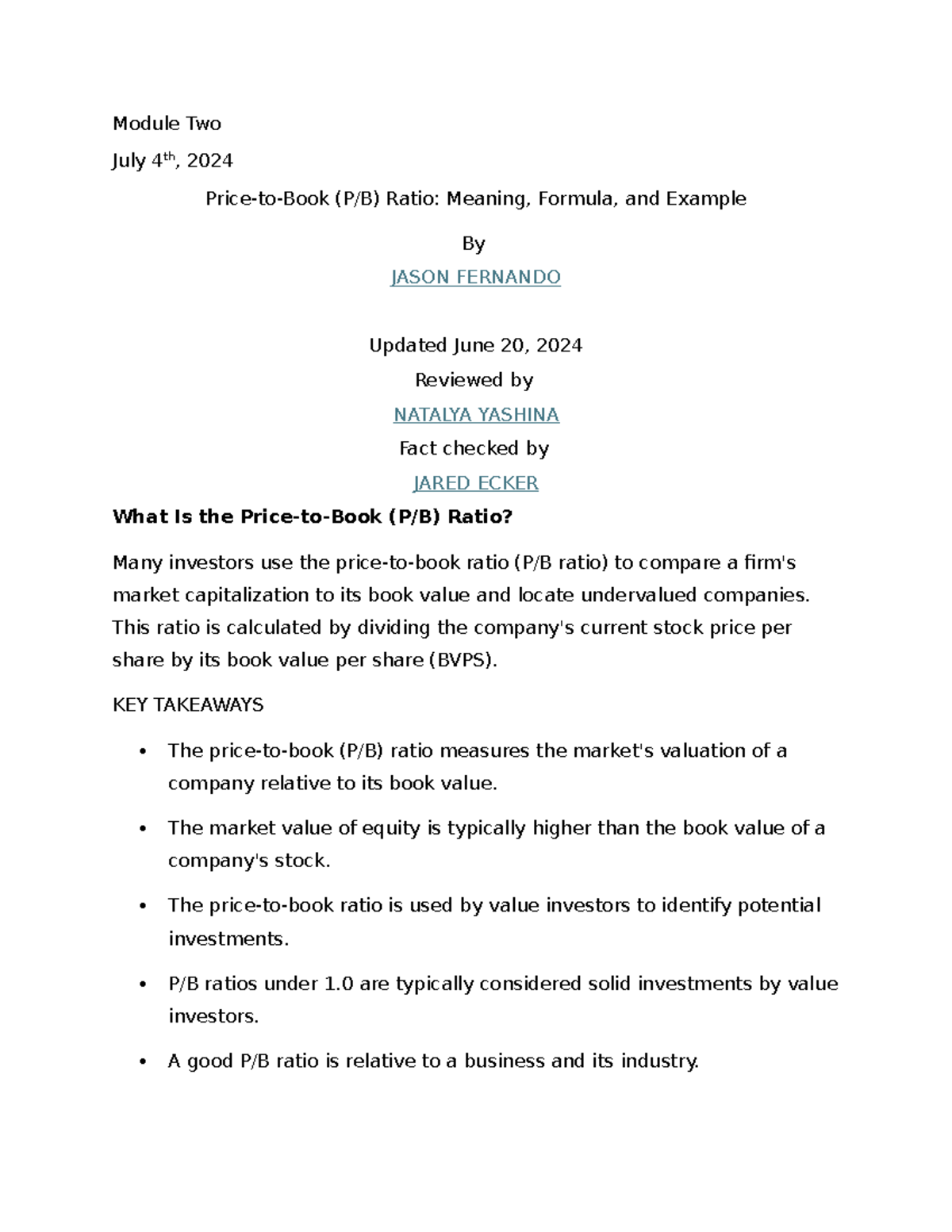 Module Two Notes - Module Two July 4th, 2024 Price-to-Book (P/B) Ratio ...