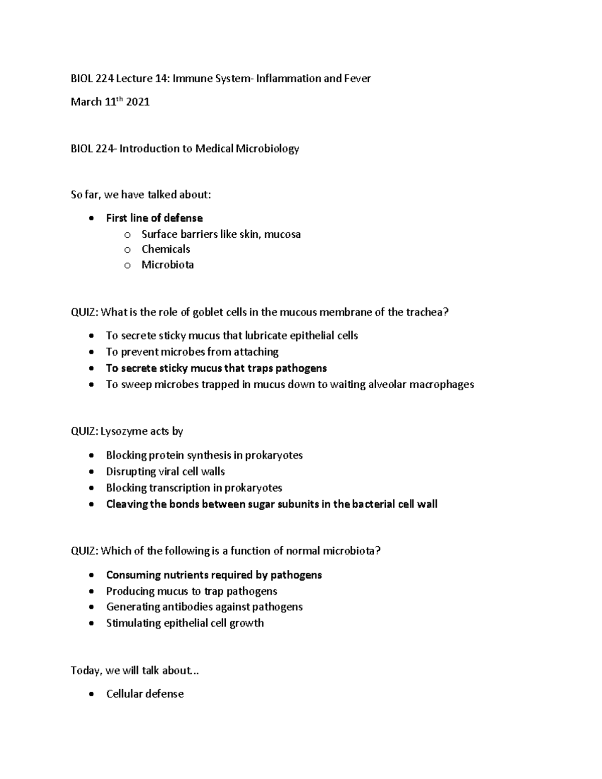 BIOL 224 Lecture 14: Immune Inflammation and Fever - Studocu