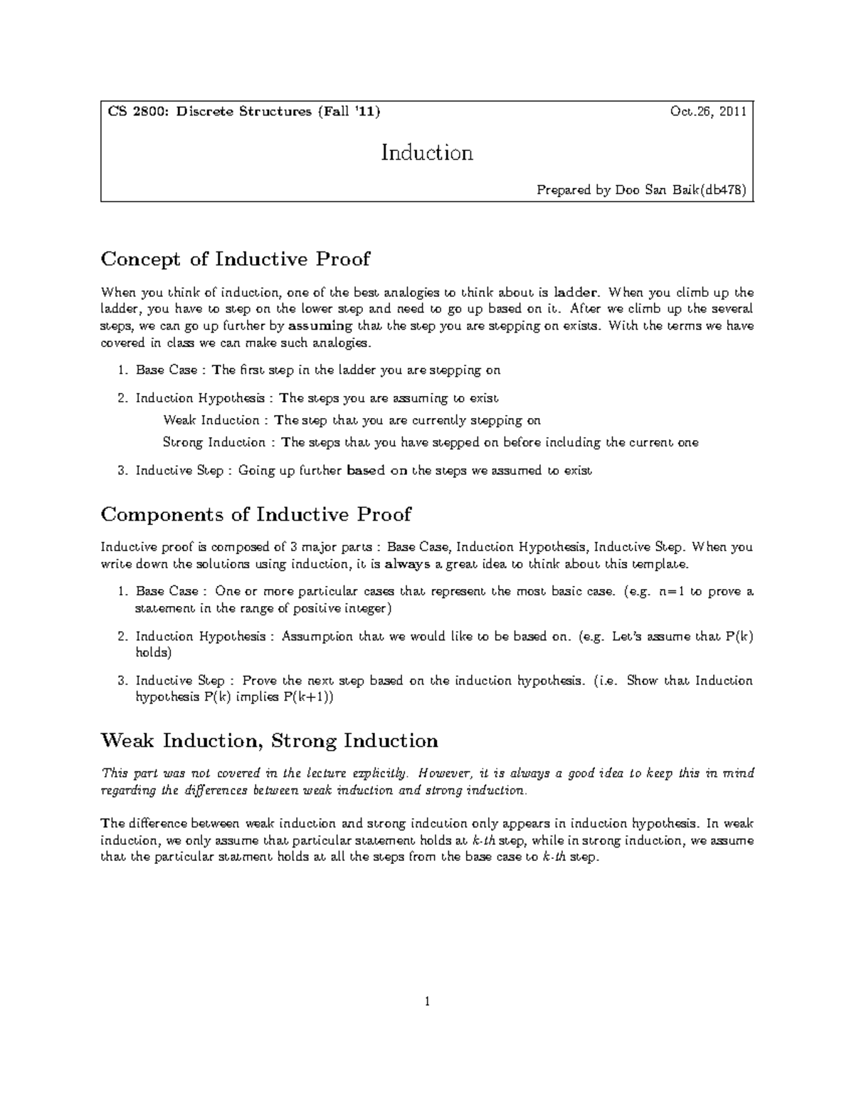 Induction Lecture note - CS 2800: Discrete Structures (Fall ’11) Oct ...