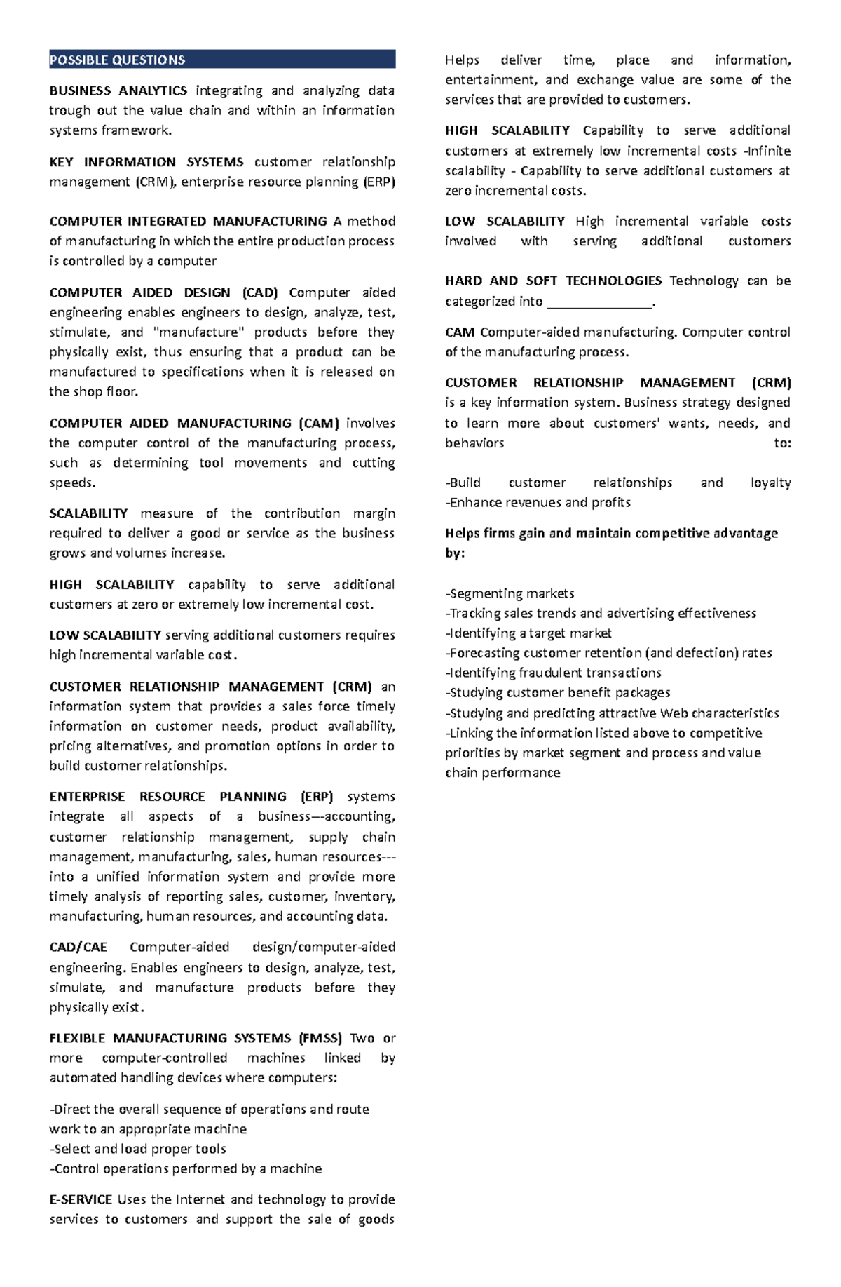 A206 Possible Questions (OM) - POSSIBLE QUESTIONS BUSINESS ANALYTICS ...