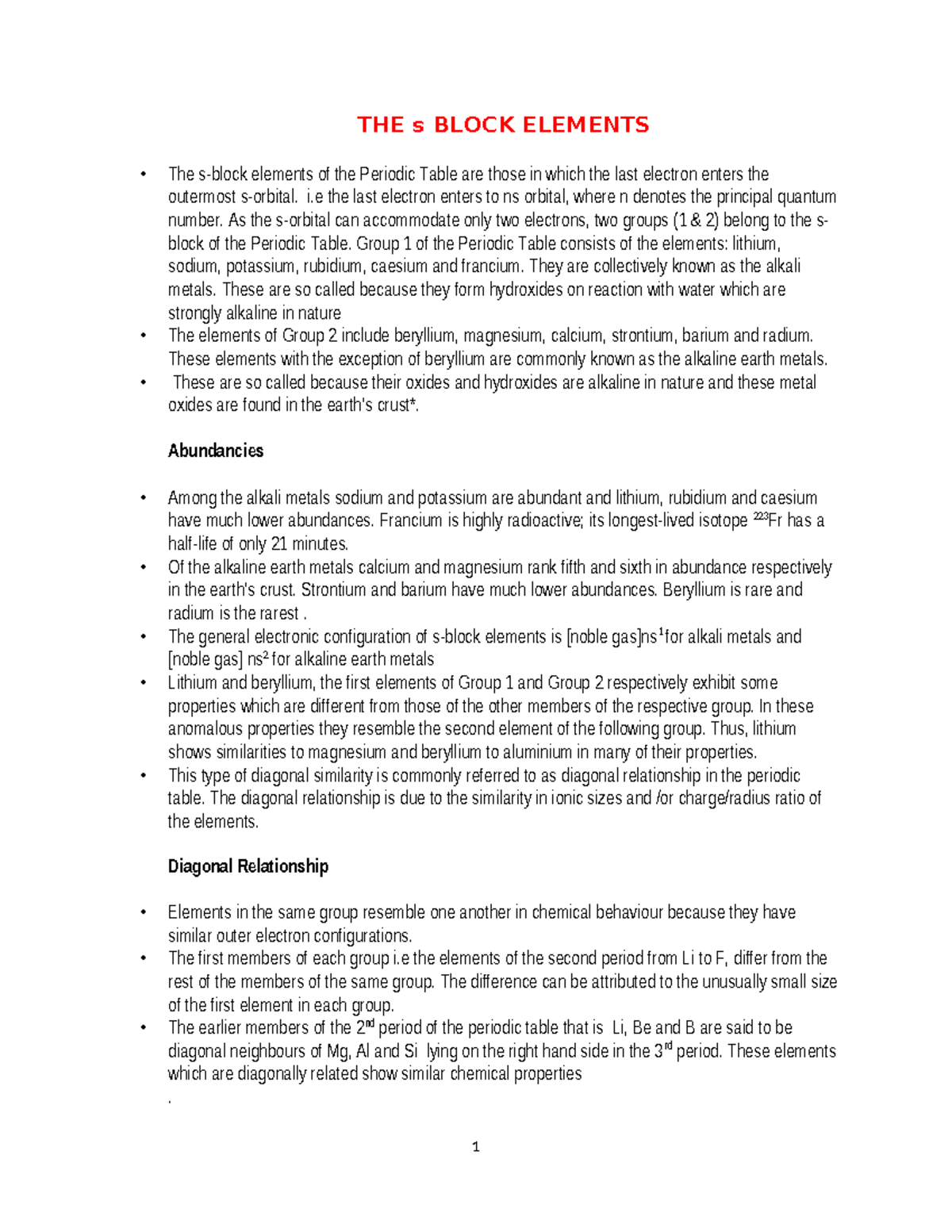 CHEM 212 Notes on Group 1 and Group 2 Elements - THE s BLOCK ELEMENTS ...