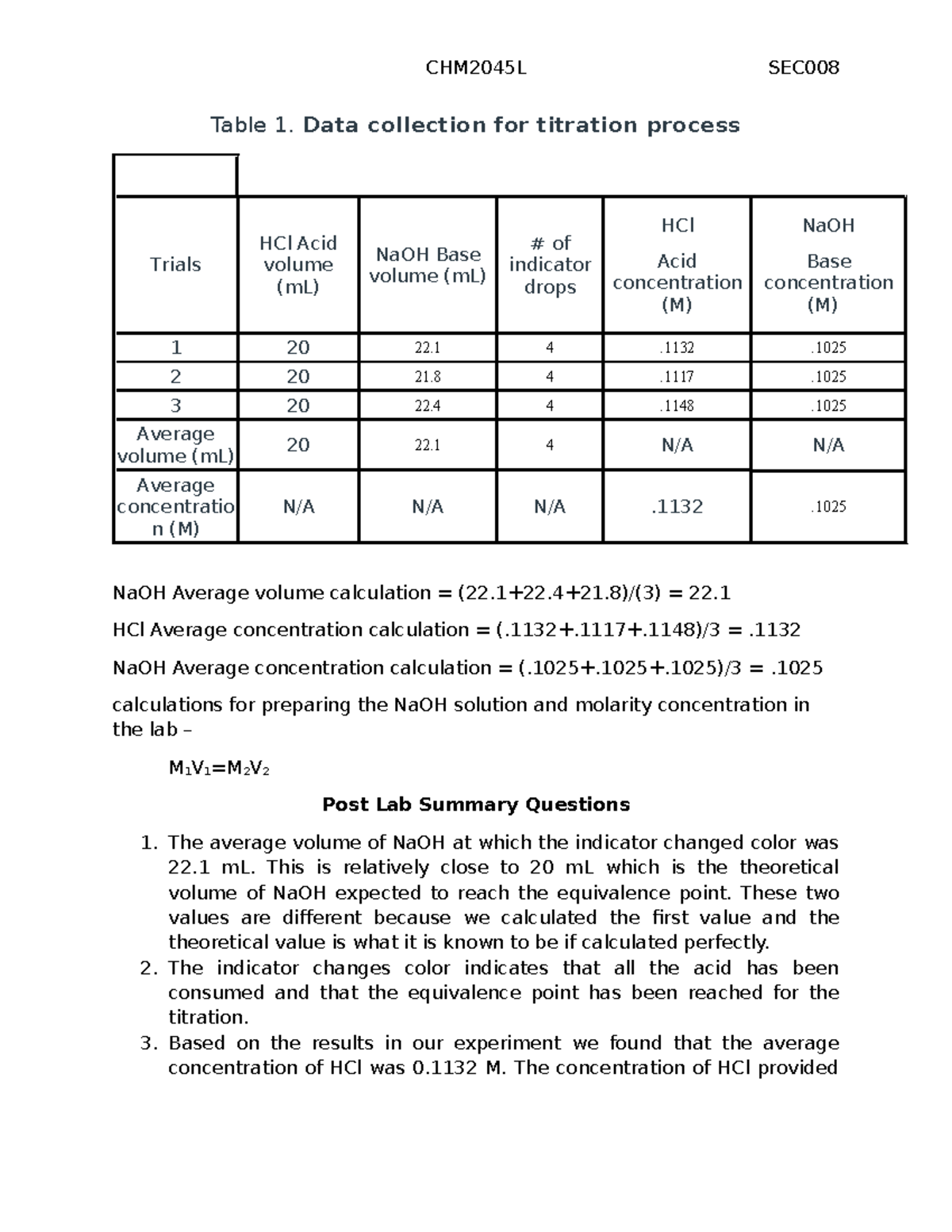 Module #3 Post-Lab Questions - CHM2045L SEC Table 1. Data collection for titration process ...