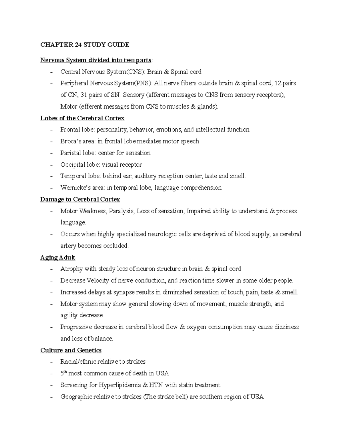 Chapter 24 Study Guide - CHAPTER 24 STUDY GUIDE Nervous System divided ...