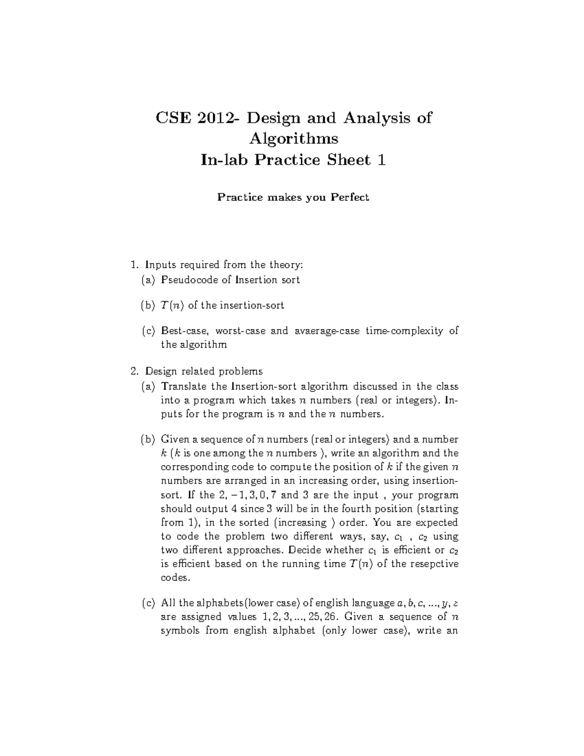 Lab sheet - fqqewfefef - CSE 2012- Design and Analysis of Algorithms In-lab Practice Sheet 1 ...
