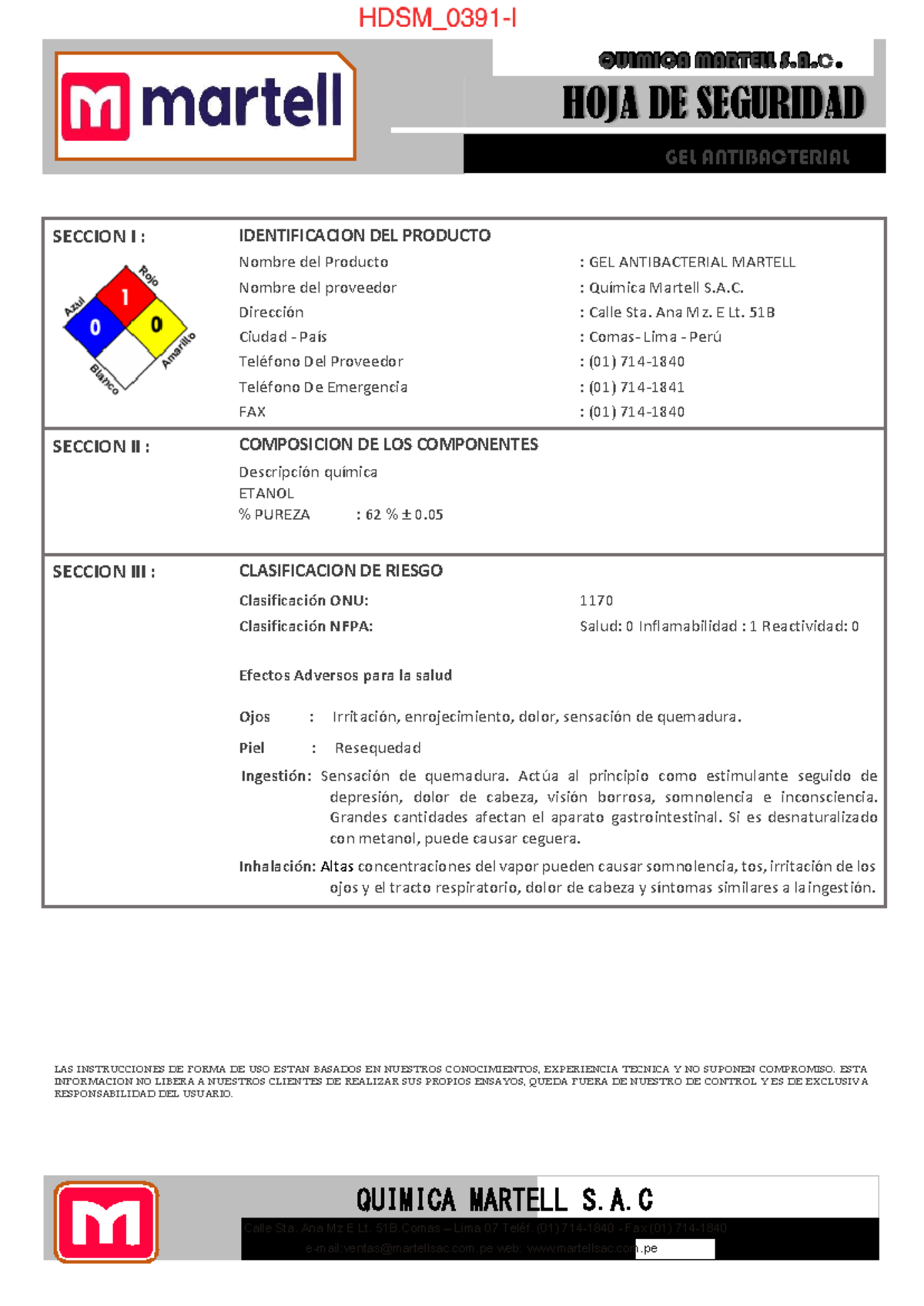 MSDS - Alcohol GEL Antibacteral Martell - HOJA DE SEGURIDAD GEL ...