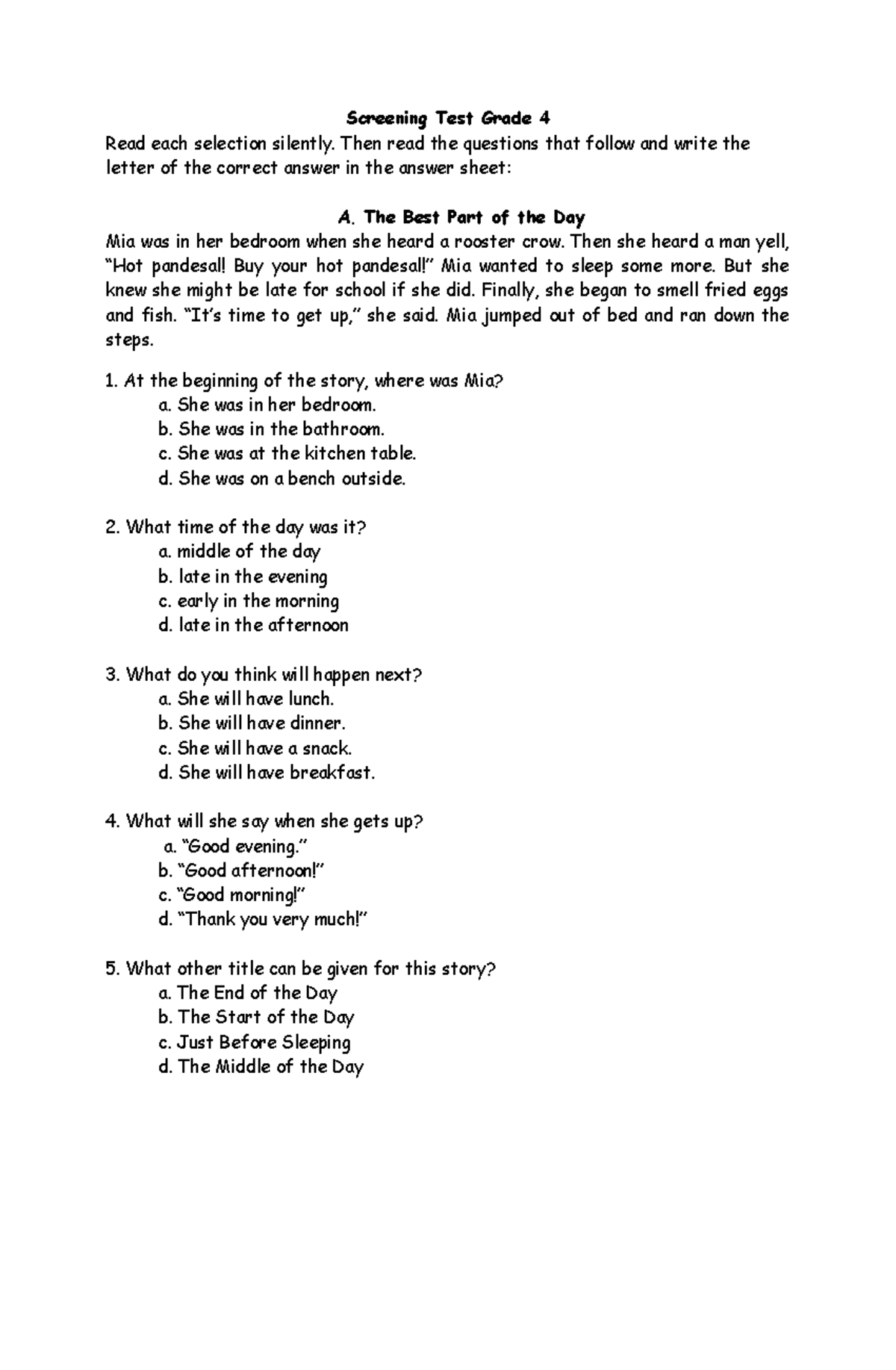 GST-Selection Grade 4 - GST - Screening Test Grade 4 Read each ...