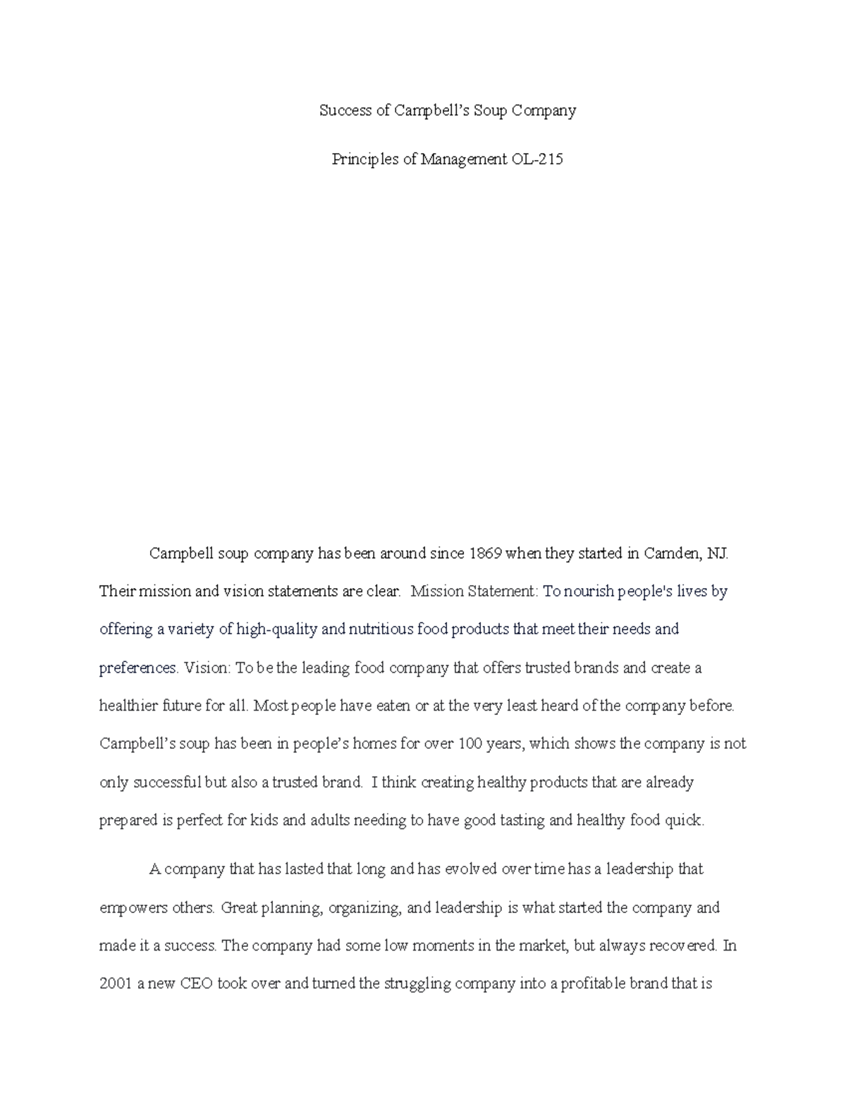 assignment week 1 - Success of Campbell’s Soup Company Principles of ...