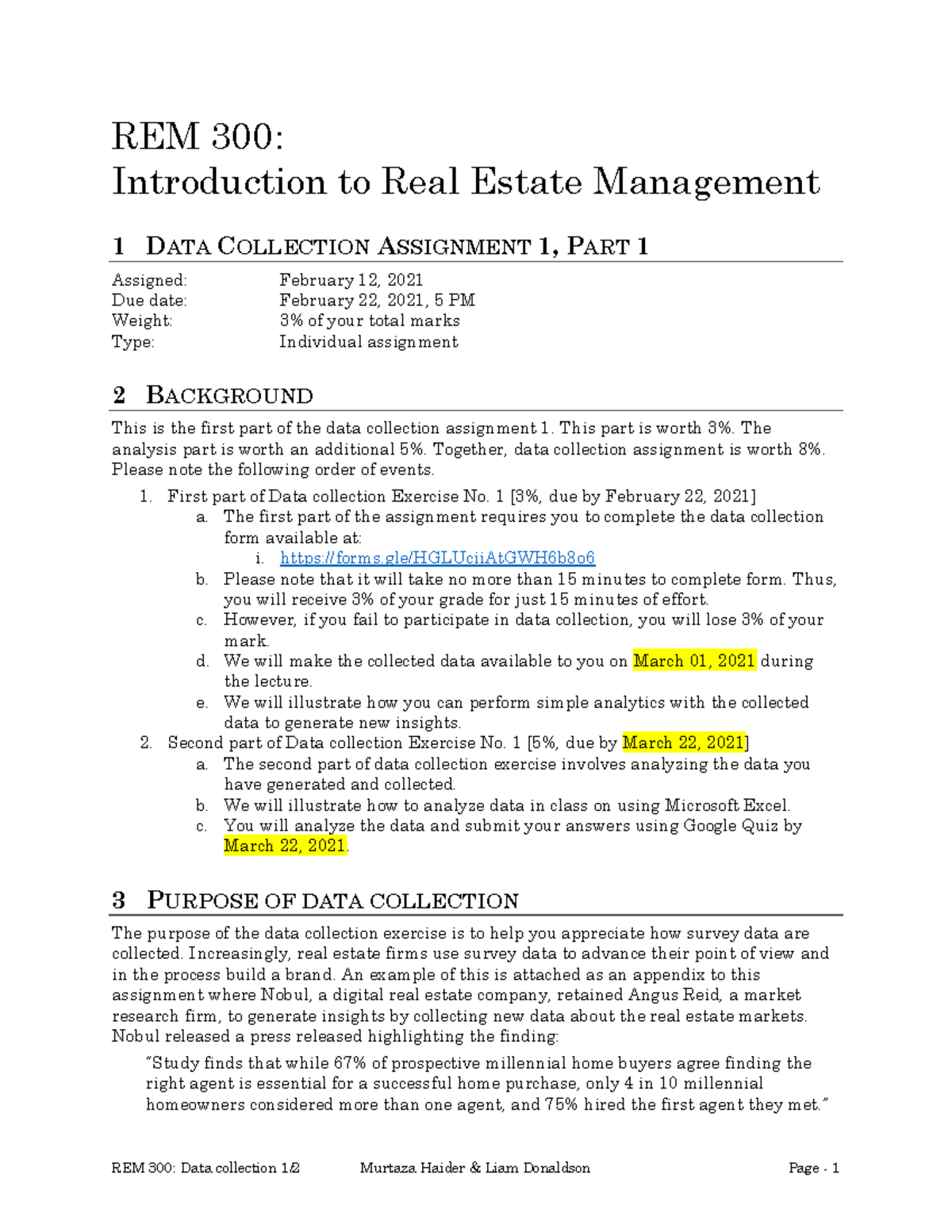 REM300 data collection 1 W2021 - REM 300: Introduction to Real Estate ...
