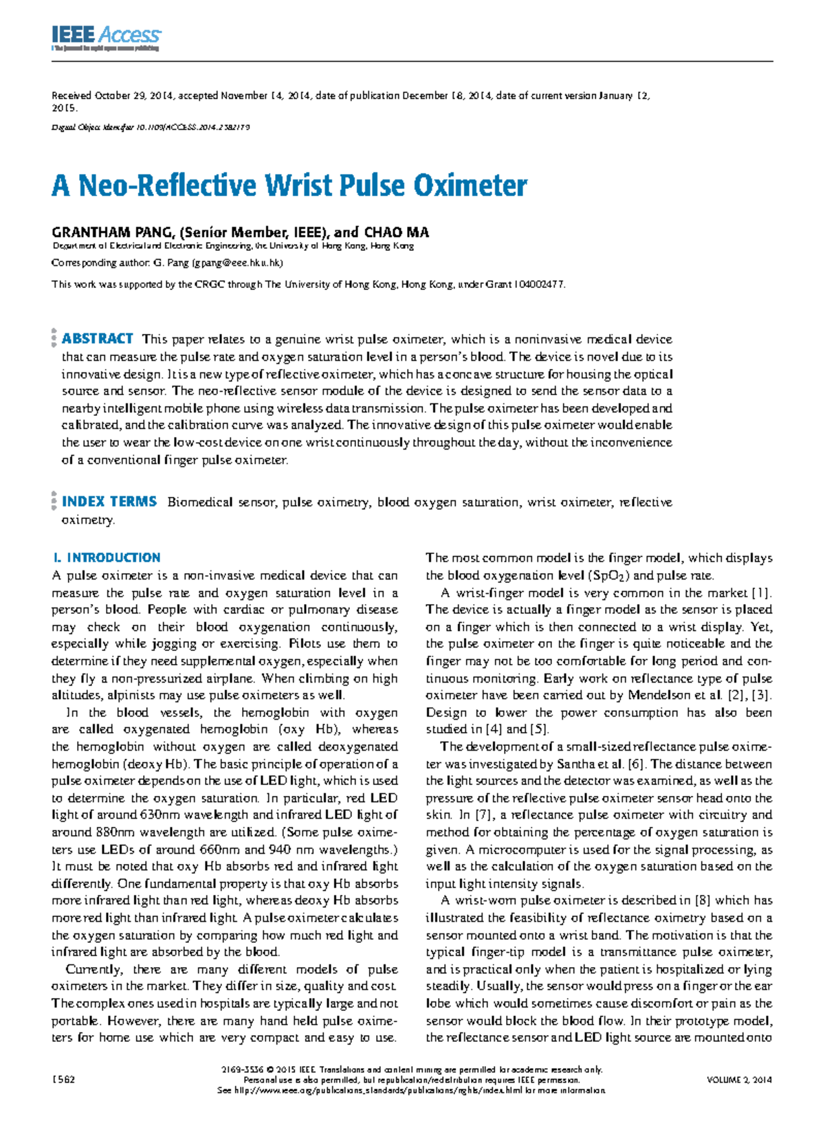 A Neo-Reflective Wrist Pulse Oximeter - Received October 29, 2014 ...