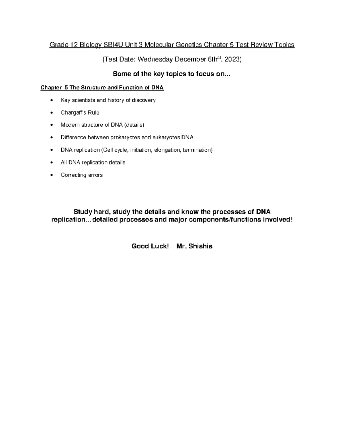 Grade 12 Biology Unit 3 Molecular Genetics Chapter 5 Review Topics ...