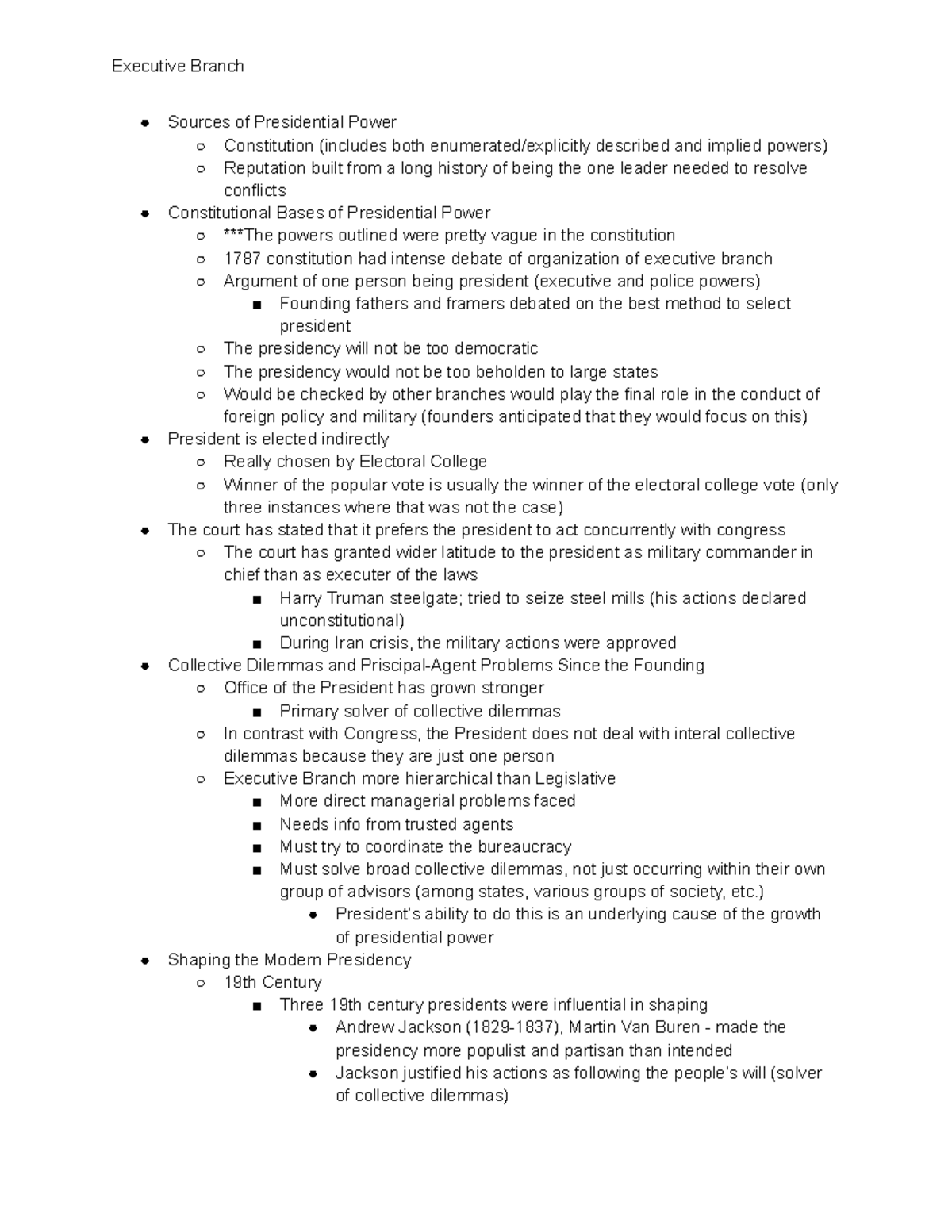 Executive Branch Notes - Sources of Presidential Power Constitution ...