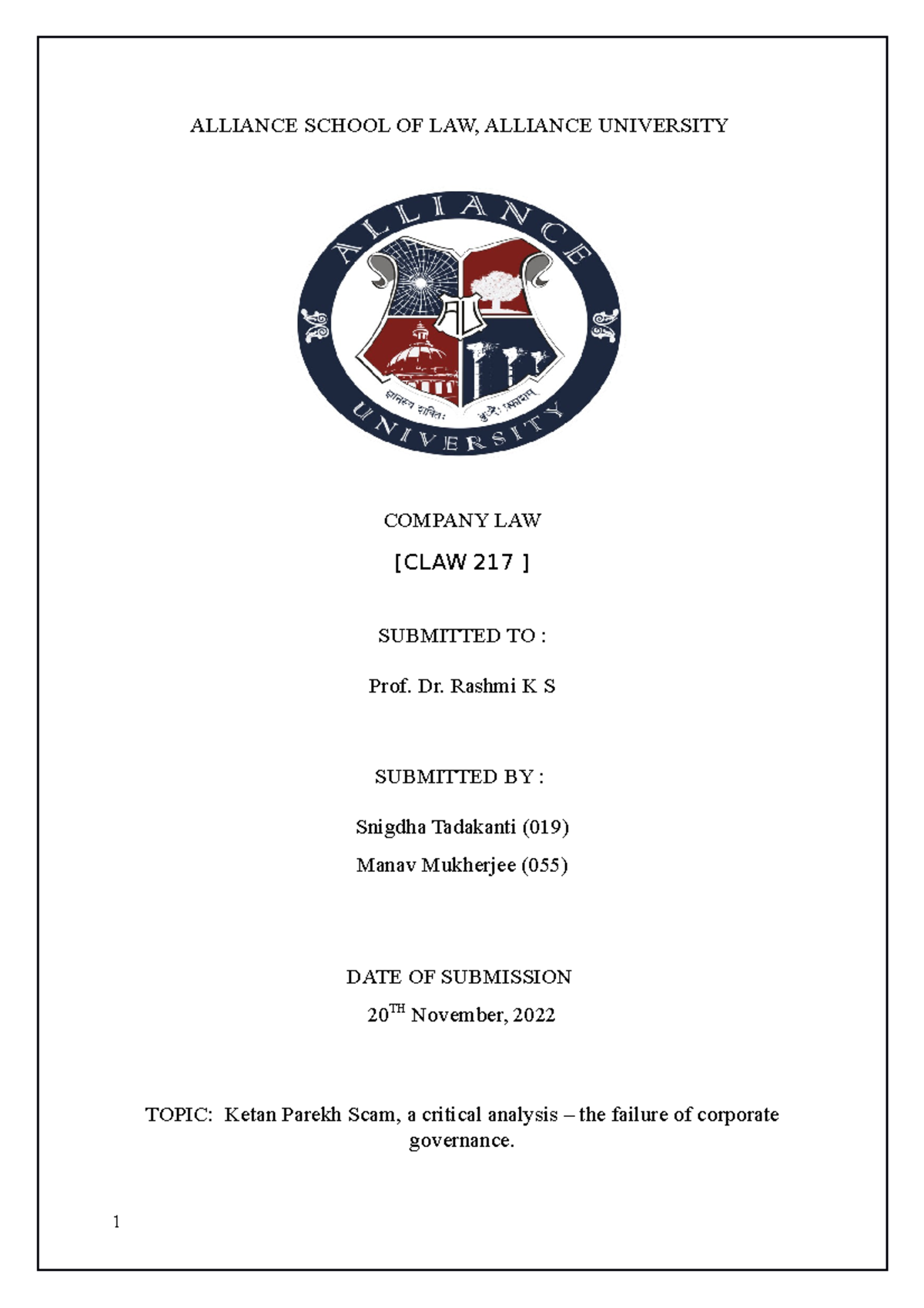 Company LAW - ALLIANCE SCHOOL OF LAW, ALLIANCE UNIVERSITY COMPANY LAW ...