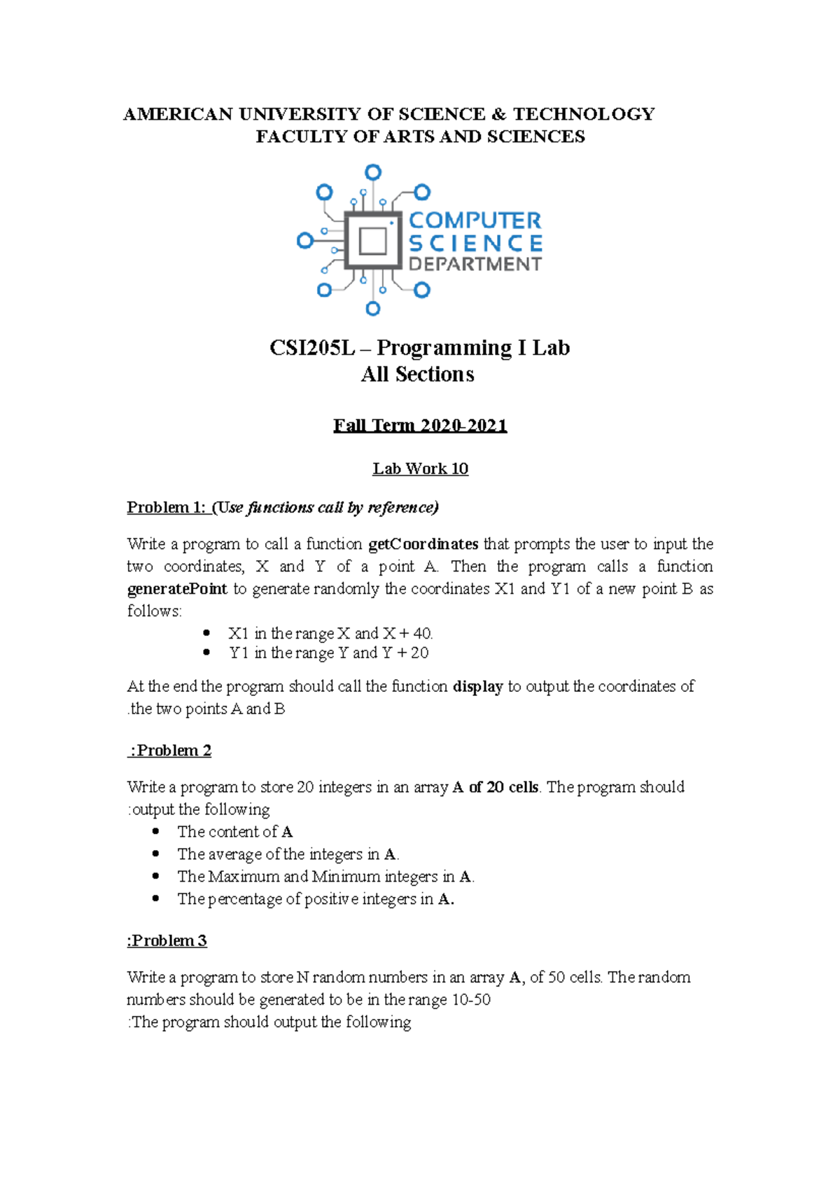 CSI205L Lab 10 Modified - AMERICAN UNIVERSITY OF SCIENCE & TECHNOLOGY ...