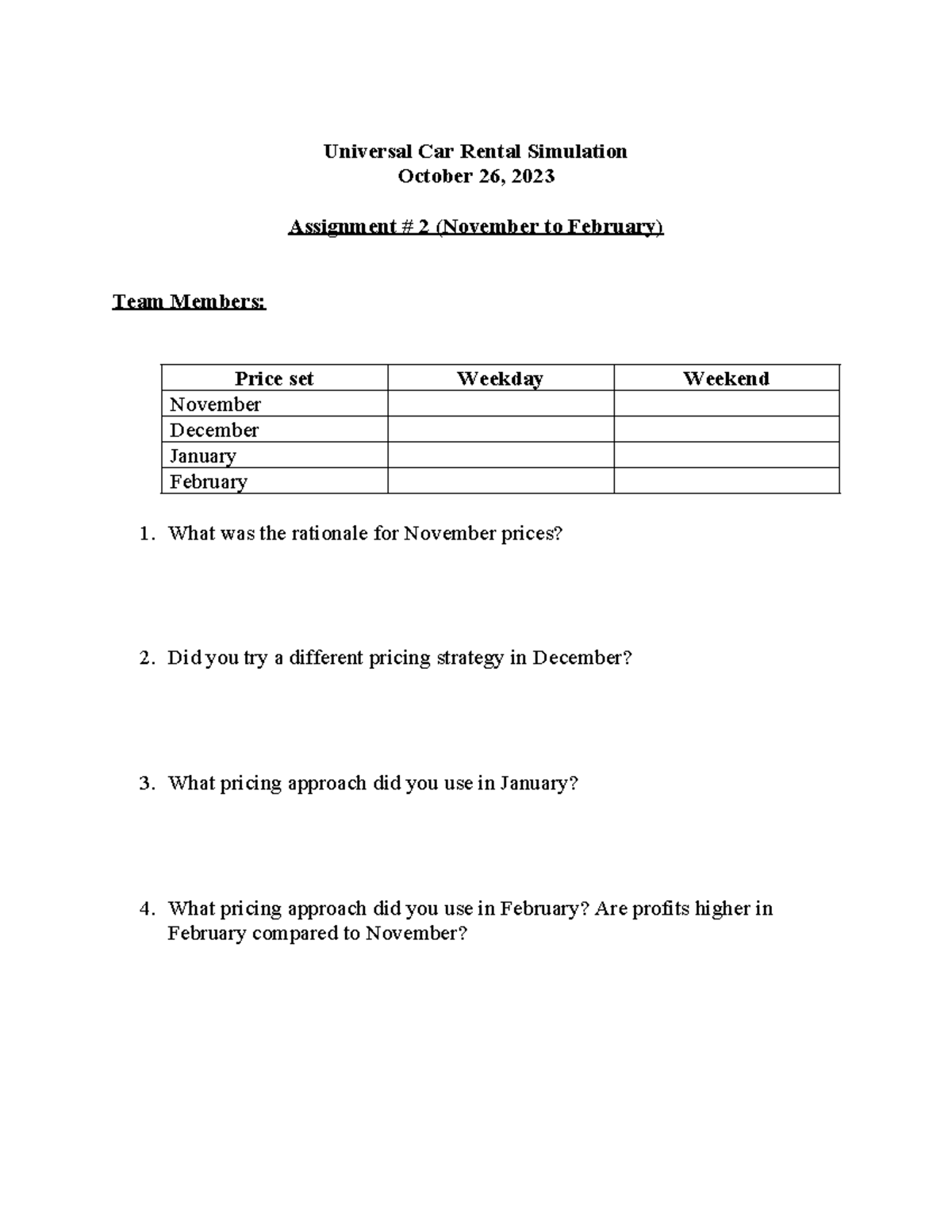 Universal Car Rental Simulation Assignment 2 - ACCT 324 - Universal Car ...