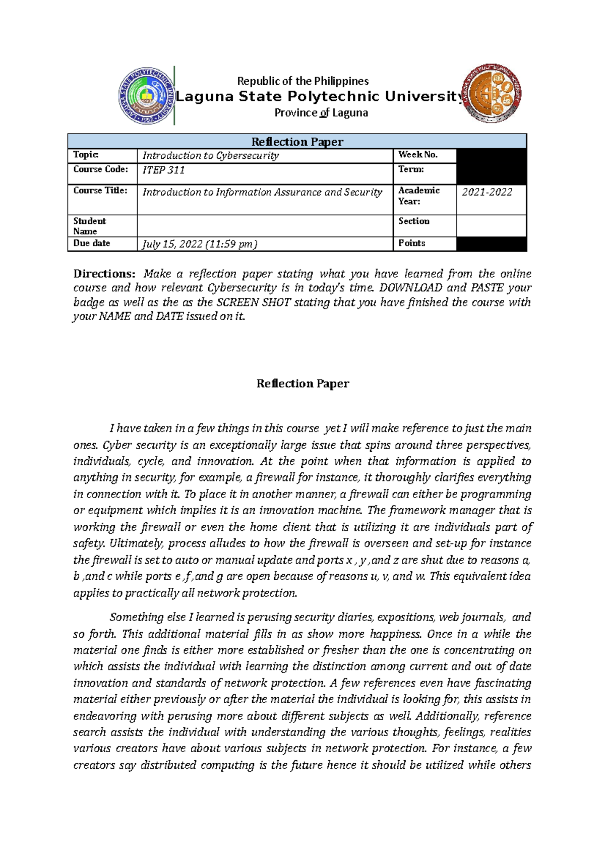 Reflection-Paper - Reflection Paper in Intersecurity Cyber security ...