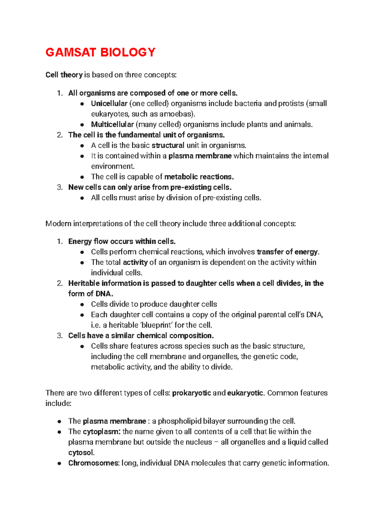 Untitled document copy - GAMSAT BIOLOGY Cell theory is based on three ...