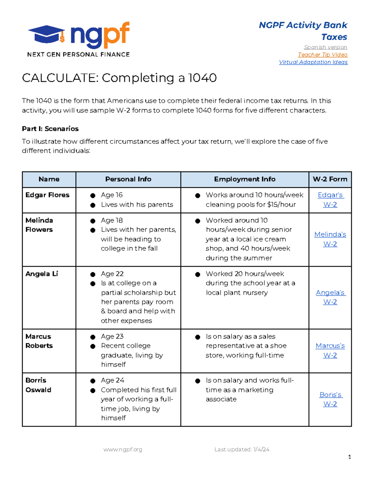 Calculate Completing a 1040 - NGPF Activity Bank Taxes Spanish version ...