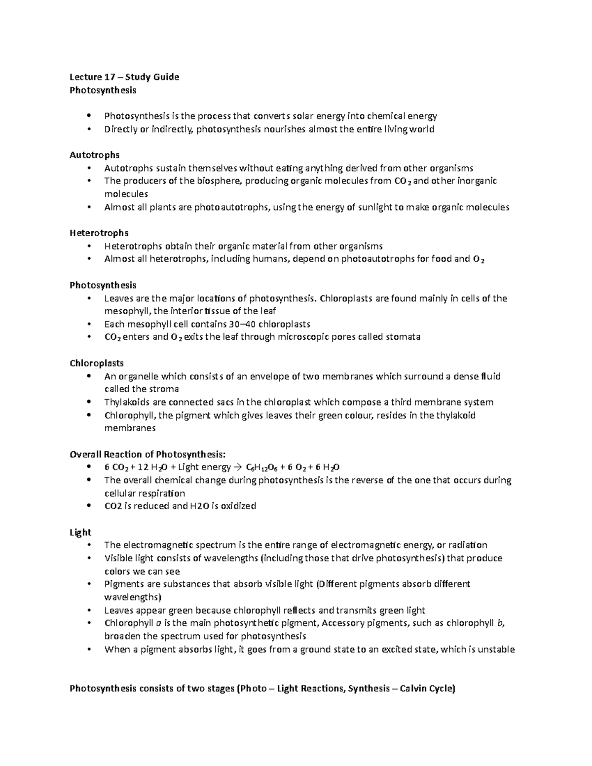 Lecture 17 Study Guide - Lecture 17 Study Guide Photosynthesis ...