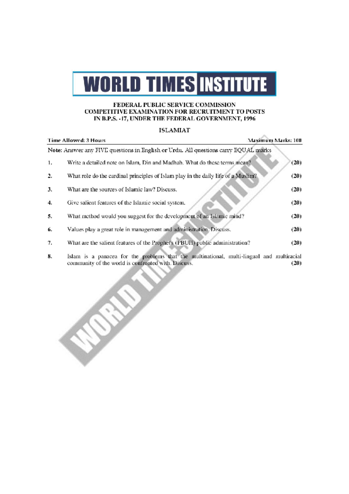 Islamiat - Past papers CSS 1991-2021. - WORLD TIMES INSTITUTE FEDERAL ...