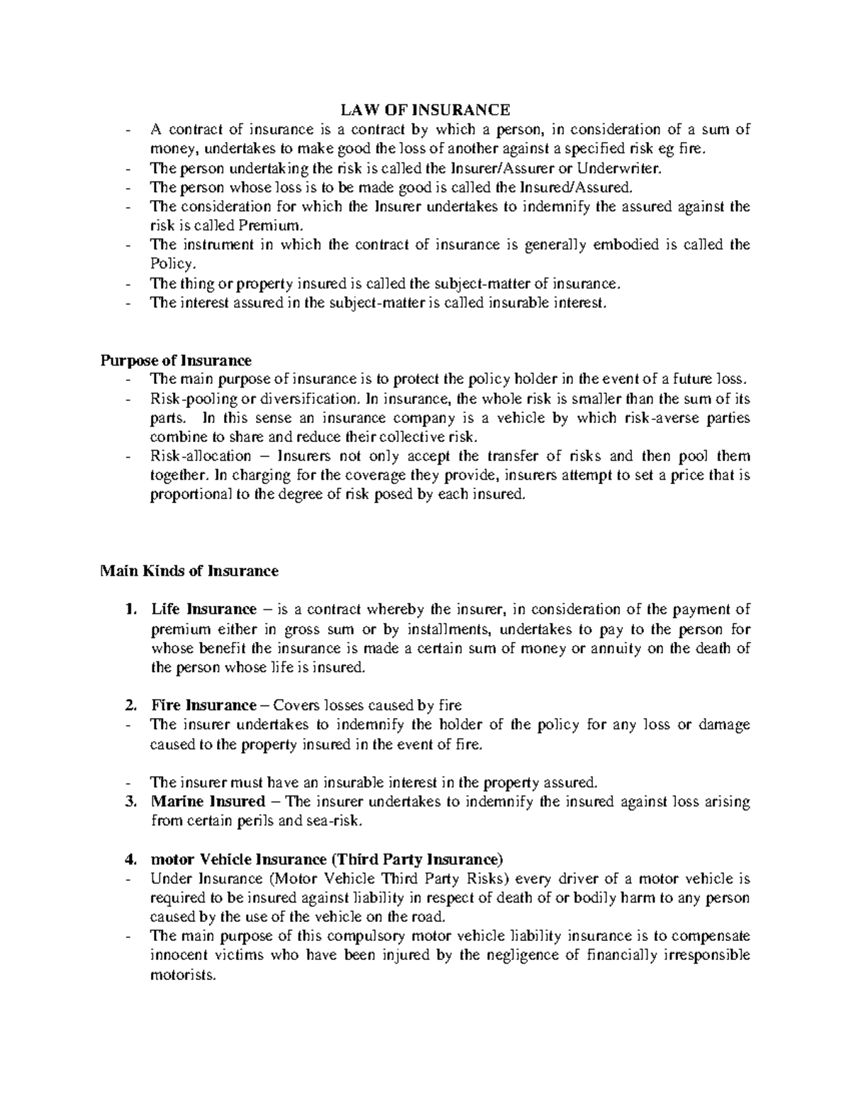 Law of insurance new - Notes - LAW OF INSURANCE A contract of insurance ...