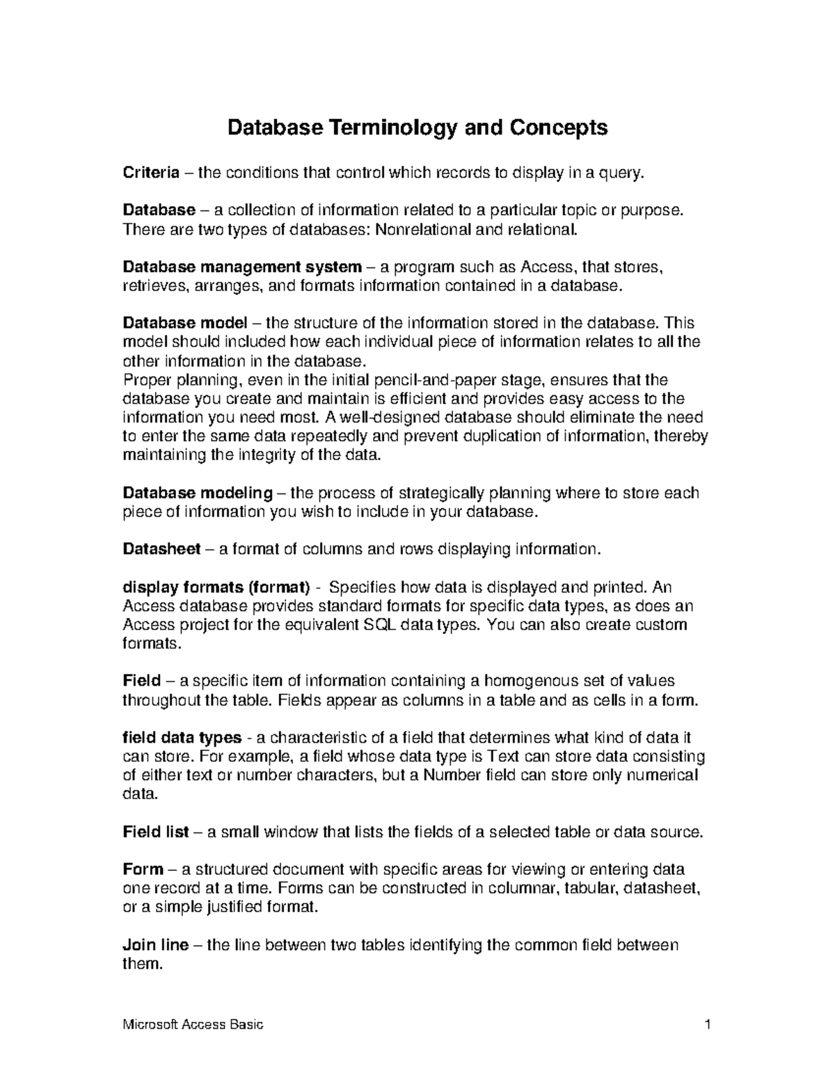 Database Terminology And Concepts Database Terminology And Concepts Criteria The Conditions