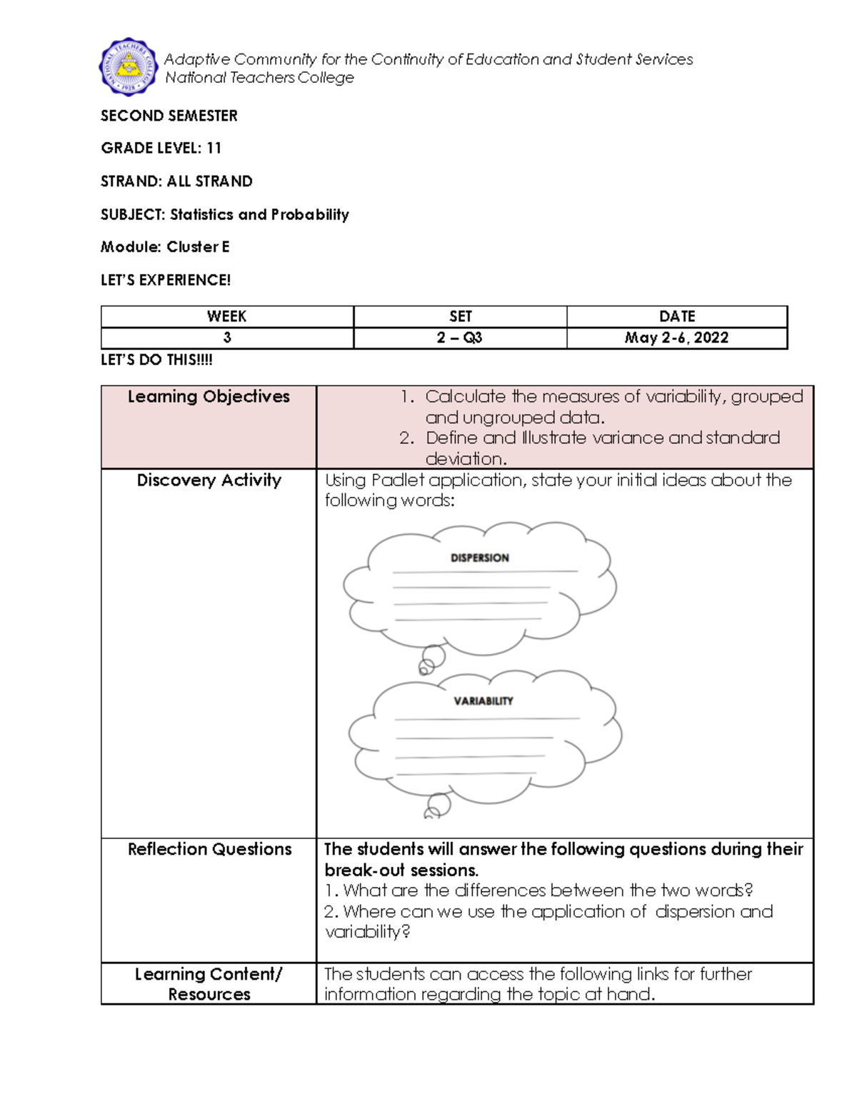 PPC W3Q3 Cluster E G11 Stat Proba - National Teachers College SECOND ...