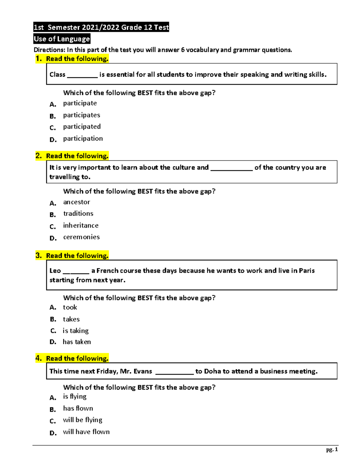 Grade 12 First Semester Test 2021-2022 - 1st Semester 2021/2022 Grade ...