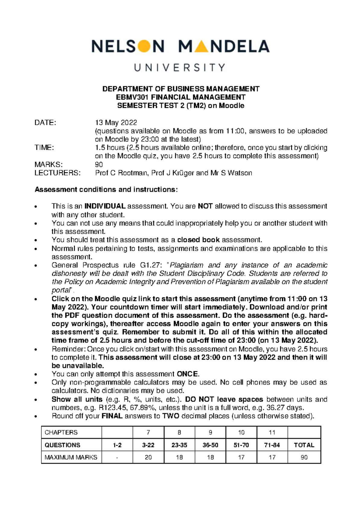 2022 EBMV301 TM2 Questions - DEPARTMENT OF BUSINESS MANAGEMENT EBMV 301 ...