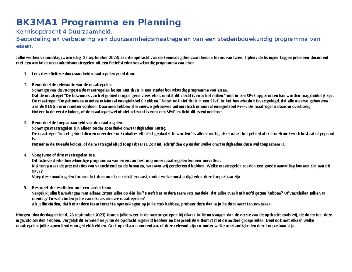 BK3MA1 kennisopdracht 4 - BK3MA1 Programma en Planning Kennisopdracht 4 ...